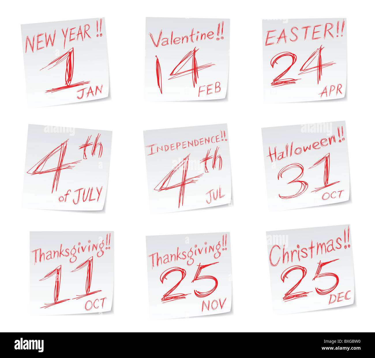 A set of illustrations of handwritten notes of public holidays, with ...