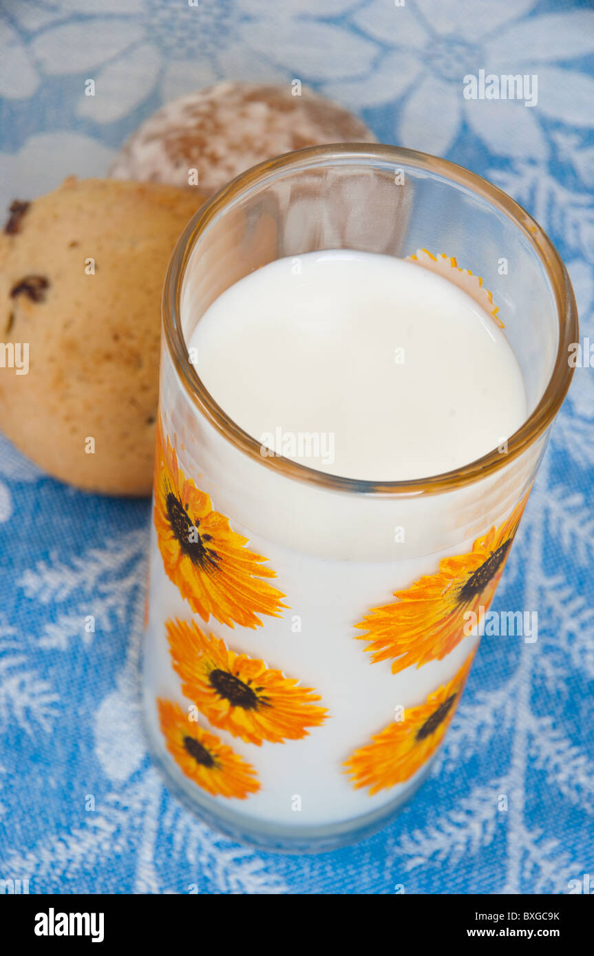 Beaker with milk on a dark blue cloth with cookies on a background ...