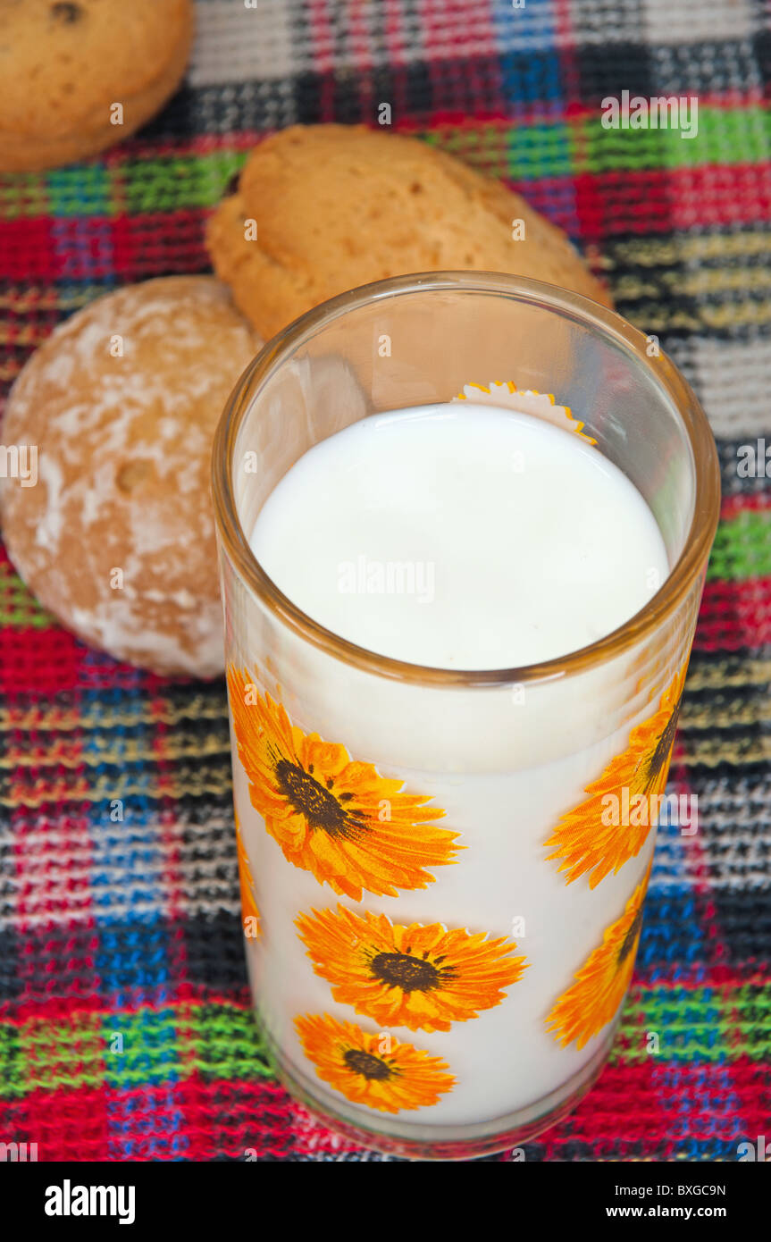 Beaker with milk on a dark blue cloth with cookies on a background ...