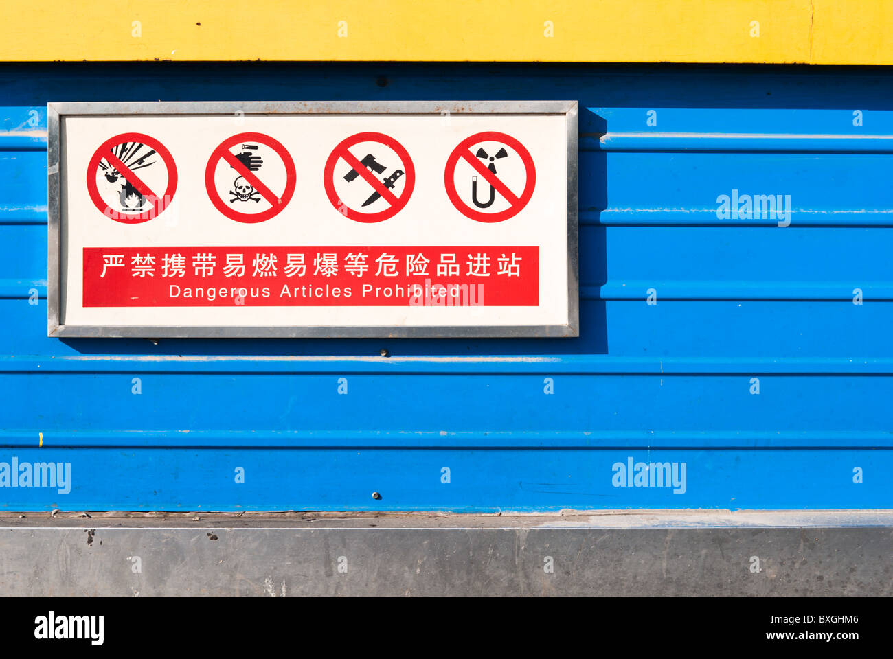 Sign on a bus station wall with listed forbidden articles Stock Photo ...