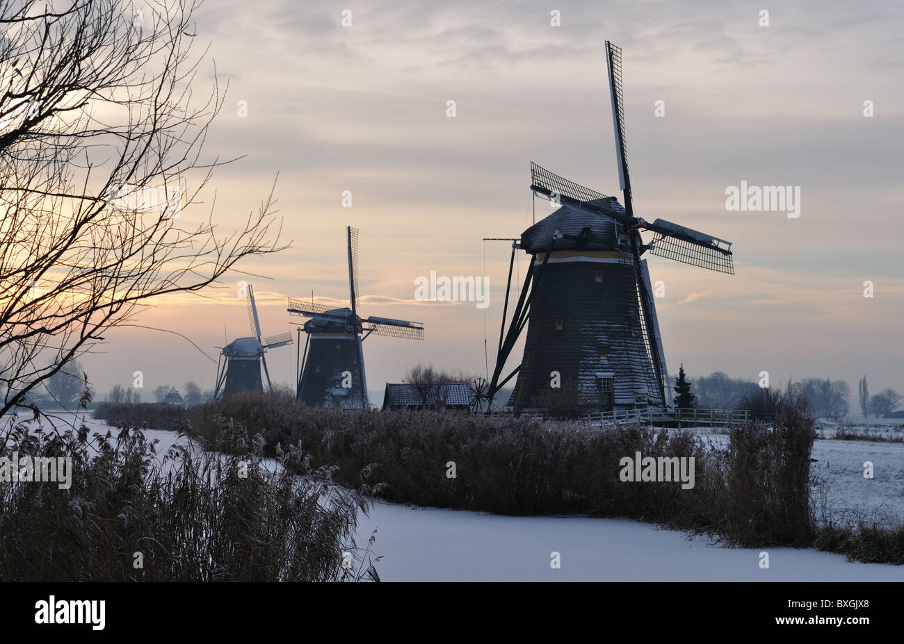 windmills in winterlandscape stompwijk zuid holland the netherlands ...