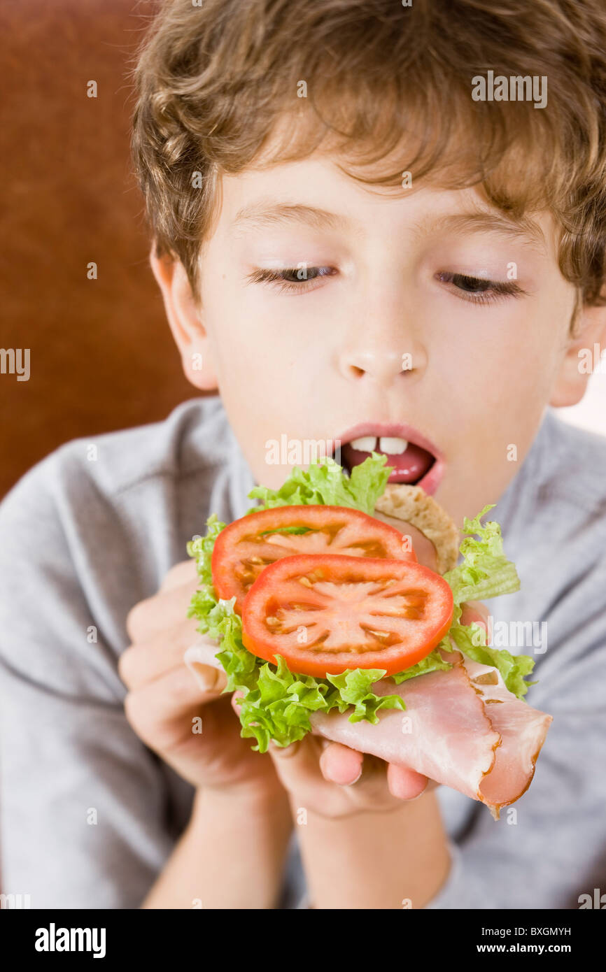 Boy eating sandwich Stock Photo - Alamy
