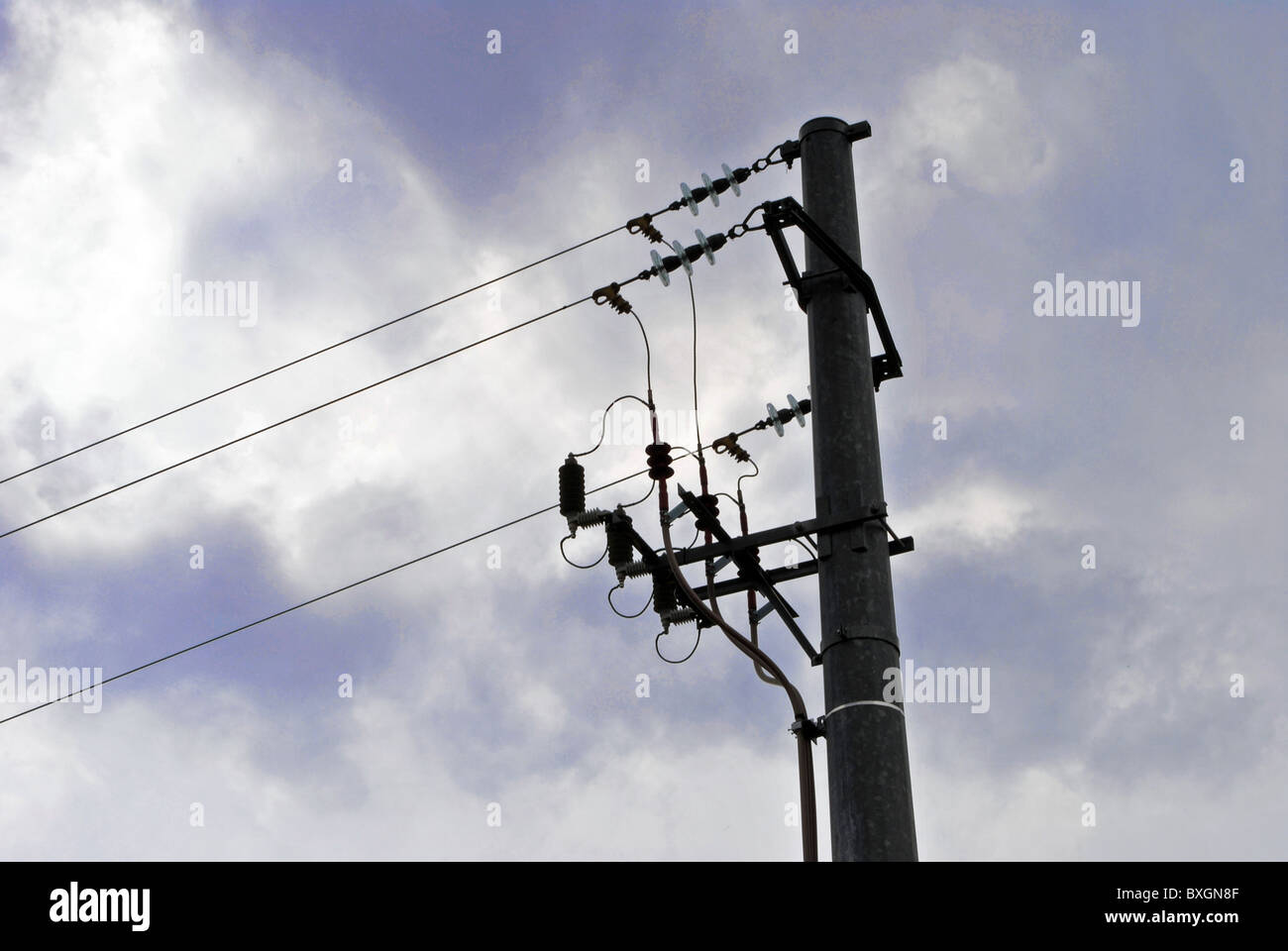 transport electricity for civilian use, with cables hanging in the air ...