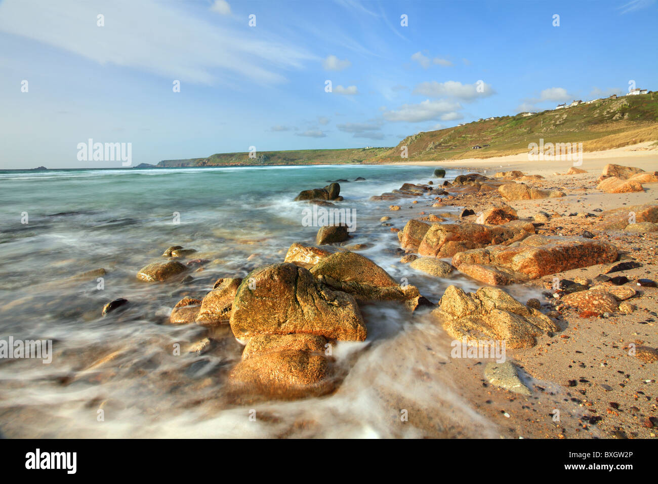 Whitesand Bay at Cornwall's Sennen Cove captured using a long shutter ...