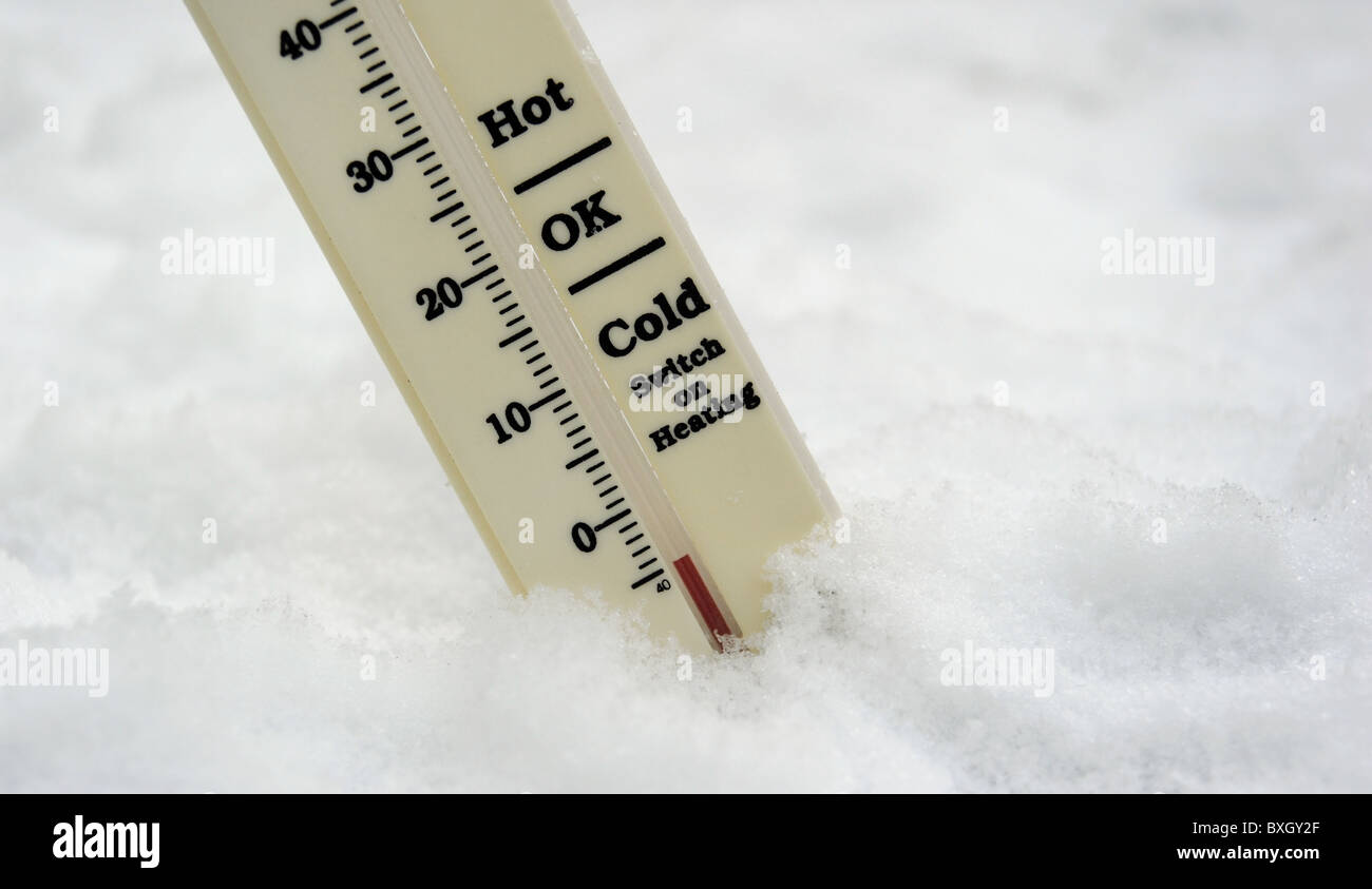 THERMOMETER IN WINTER SNOW SHOWING MINUS TEMPERATURE WITH SWITCH ON ...