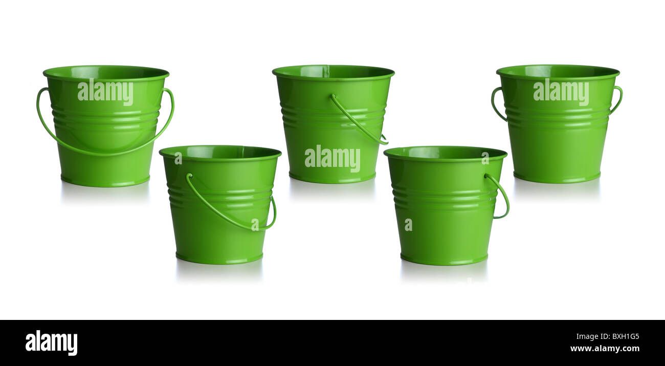 small green buckets isolated on white background Stock Photo - Alamy