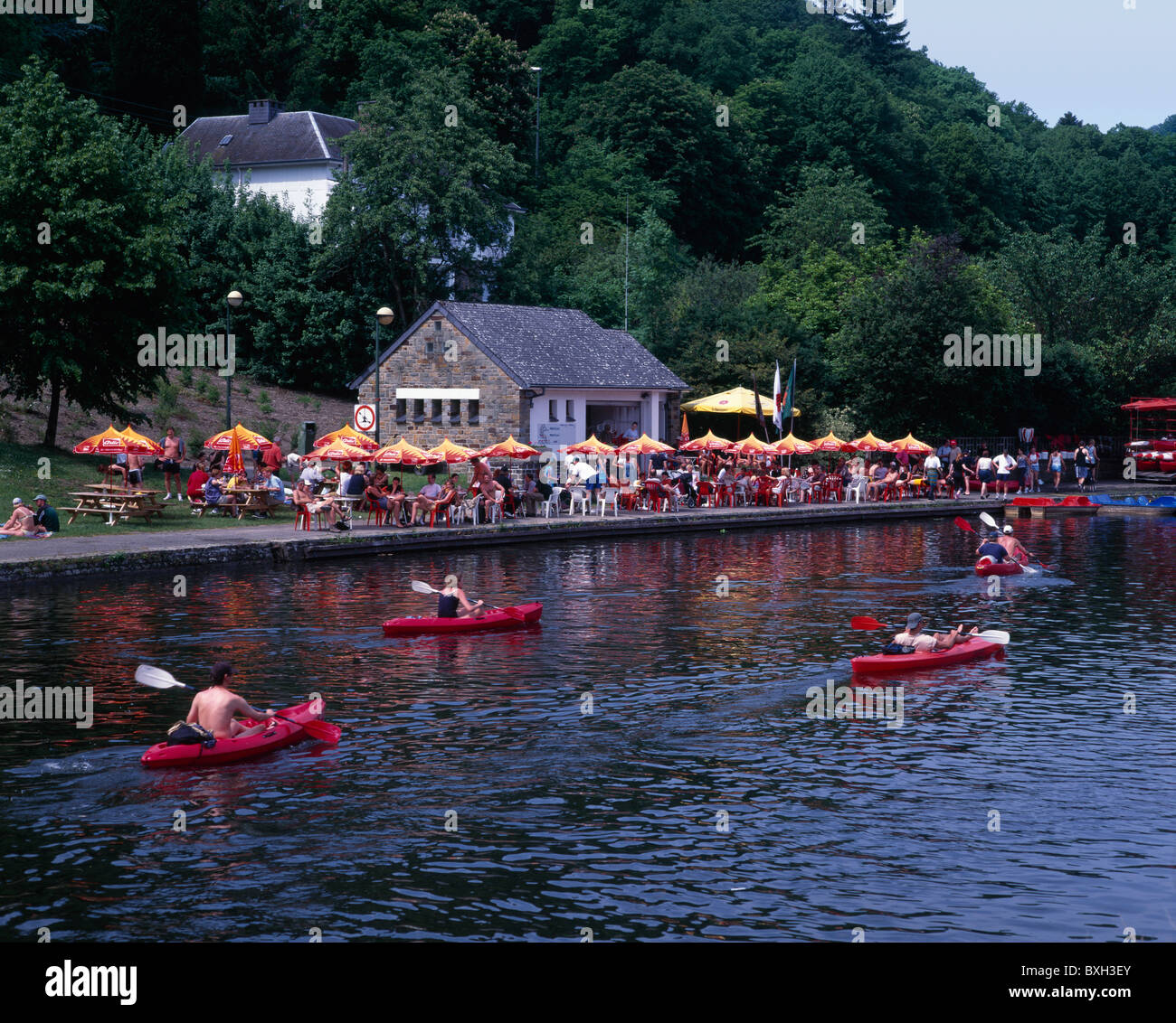 River Ourthe and cafe, La Roche en Ardenne, Belgium Stock Photo - Alamy