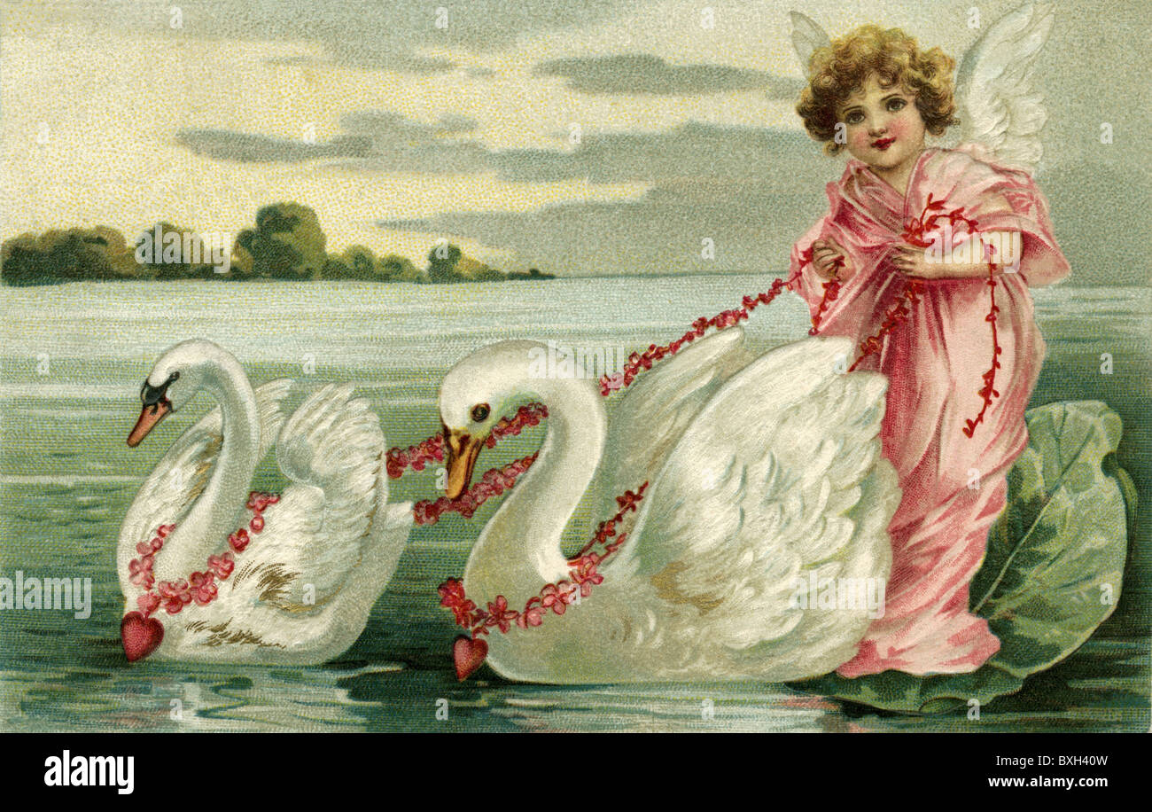 kitsch / souvenir, angel on swan, lithograph, Germany, 1907, Additional ...