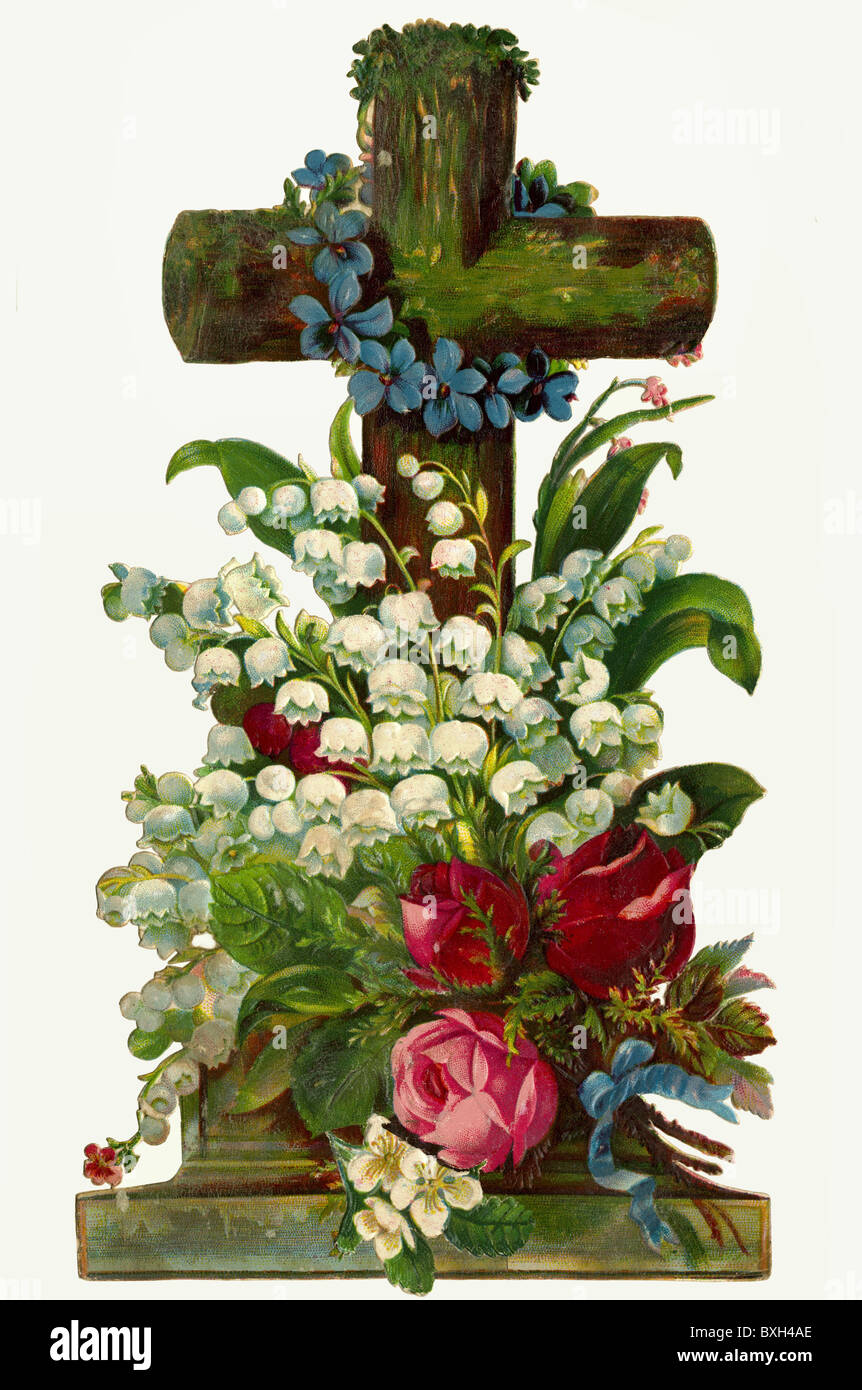 death, grave, grave cross, lithograph, Germany, 1912, Additional-Rights ...