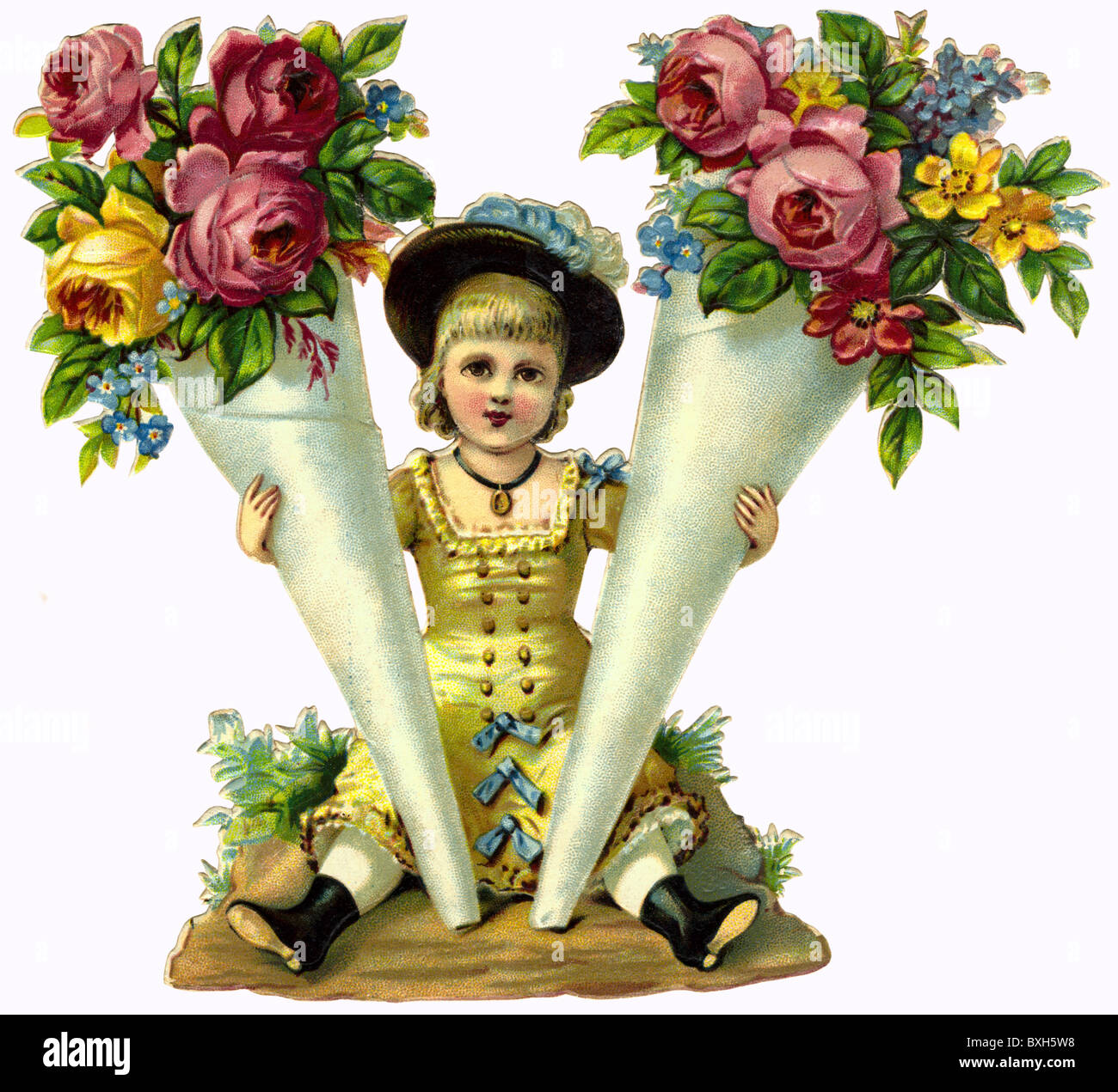 kitsch / souvenir, girl with two bunch of flowers, lithograph, Germany ...