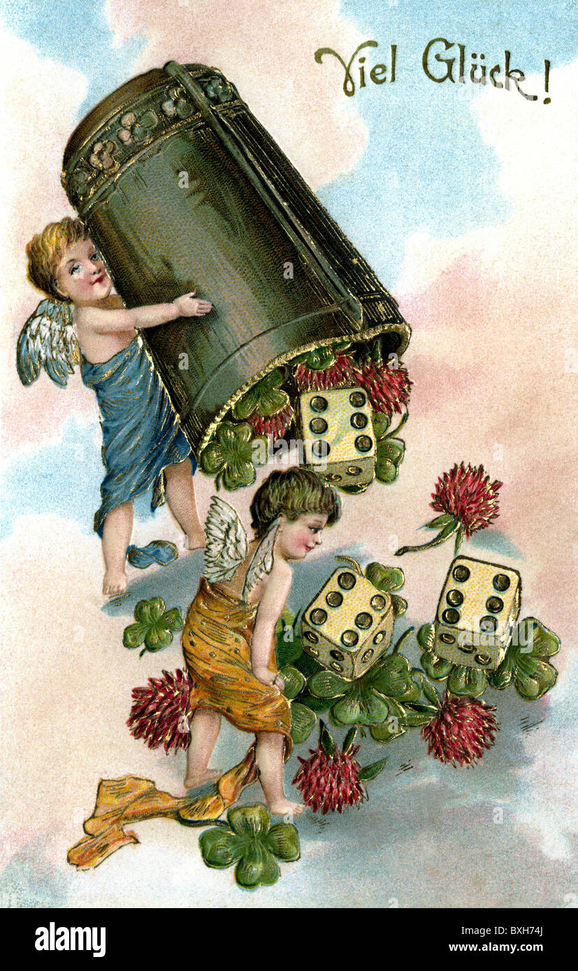 symbol / emblem / icon, good-luck, angel playing doublets, lithograph ...