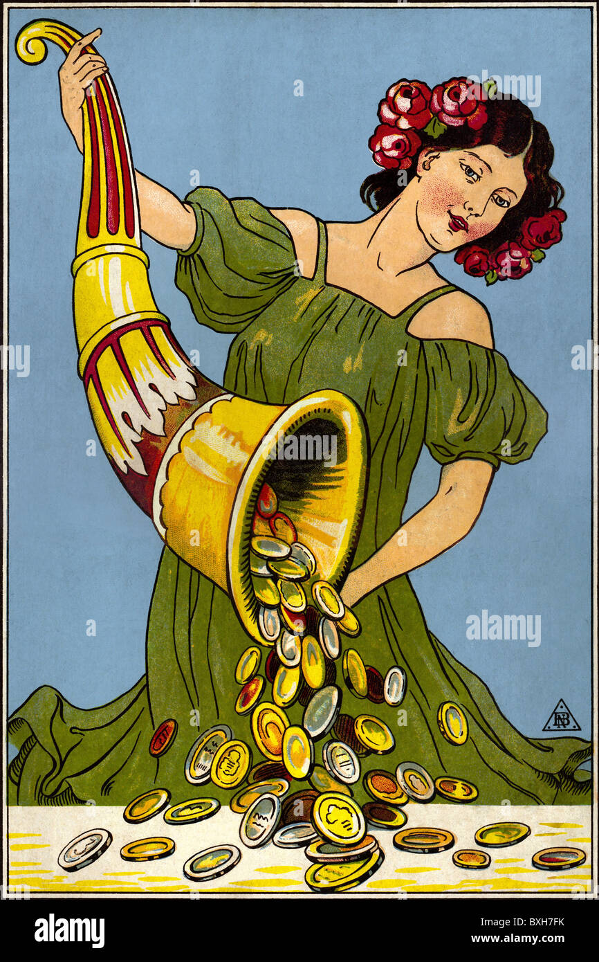 money / finance, Fortuna with money horn, "Glueckspilz", Germany ...
