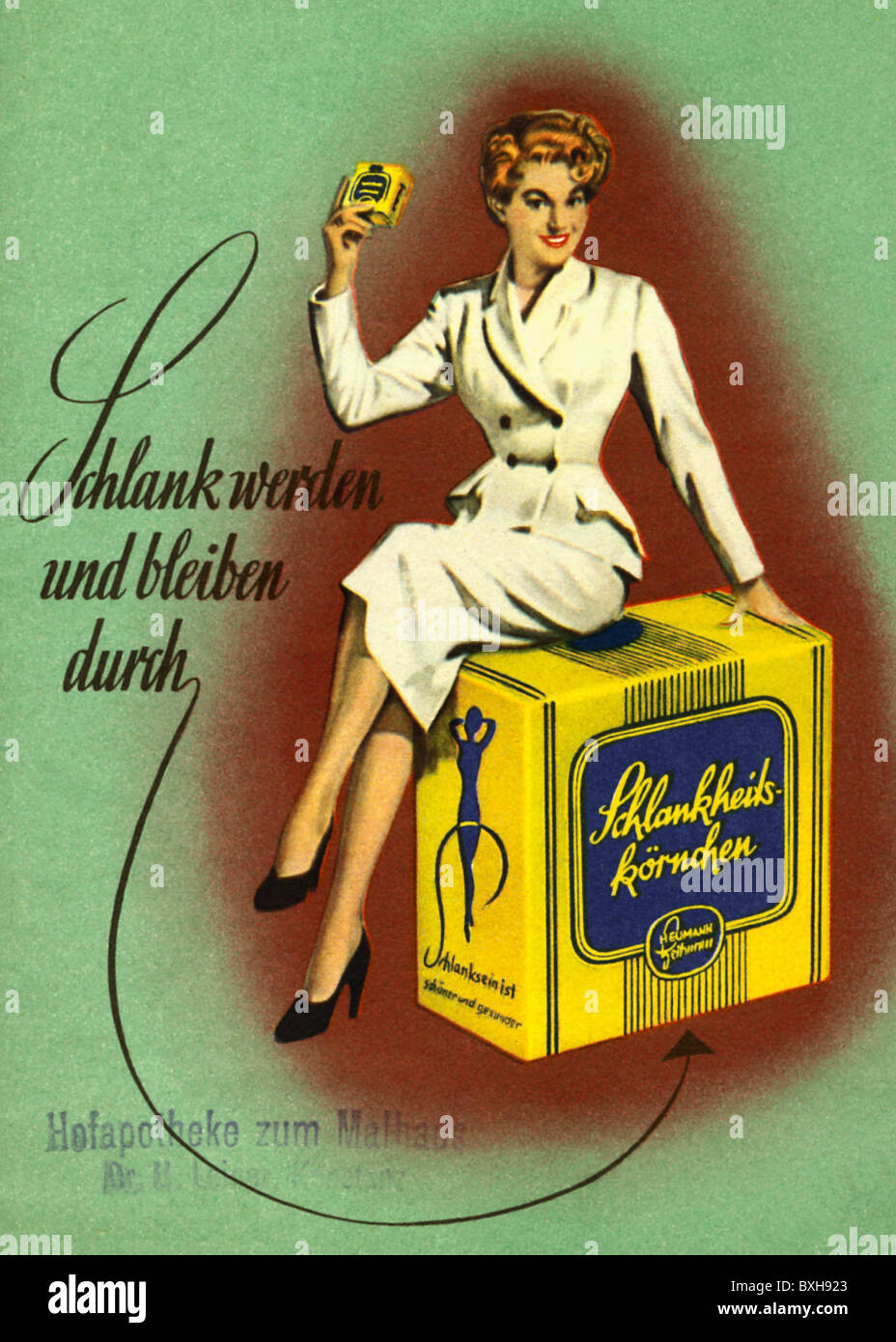 advertising, medicine, woman sitting on box of Heumann slimming cure ...