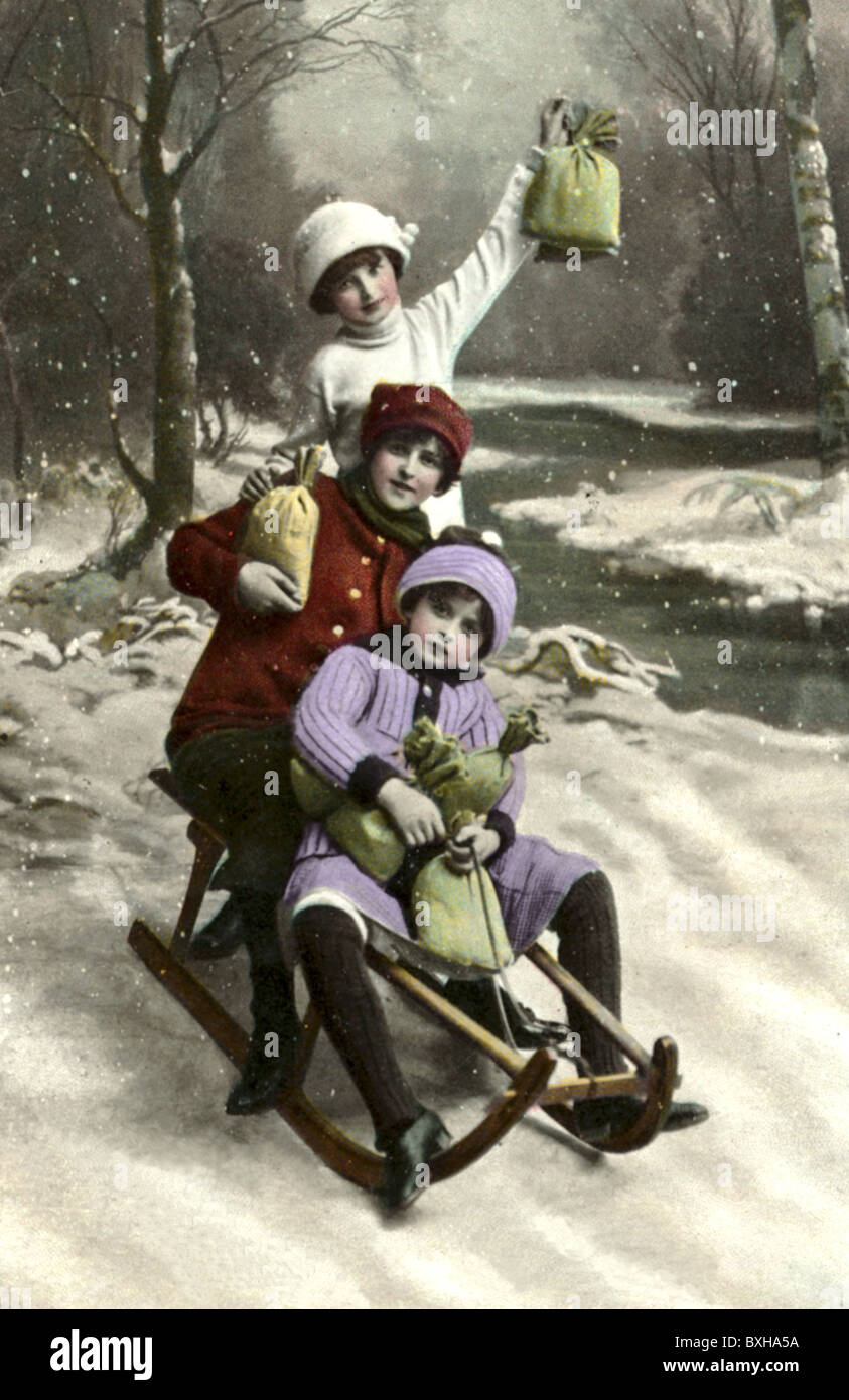people, children, sledging, picture postcard, Germany, 1918, Additional ...