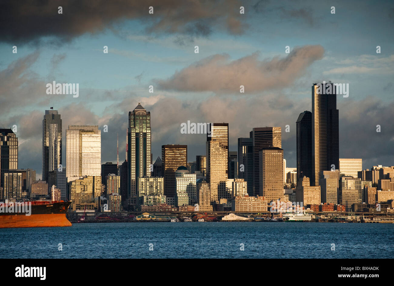 The view of the Seattle, Washington, skyline across Elliott Bay with a ...