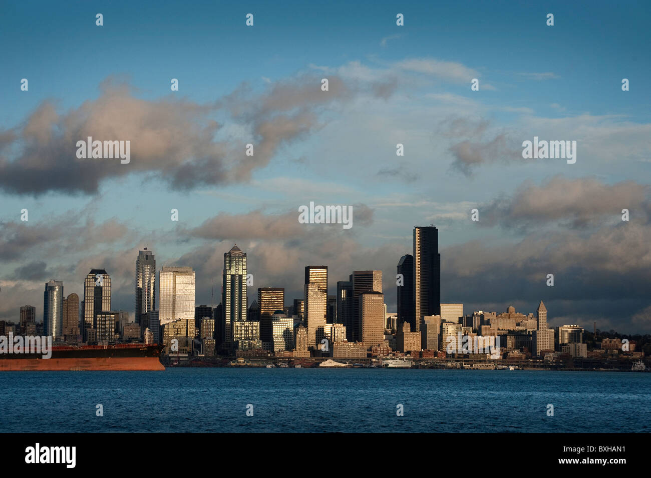 The view of the Seattle, Washington, skyline across Elliott Bay with a ...