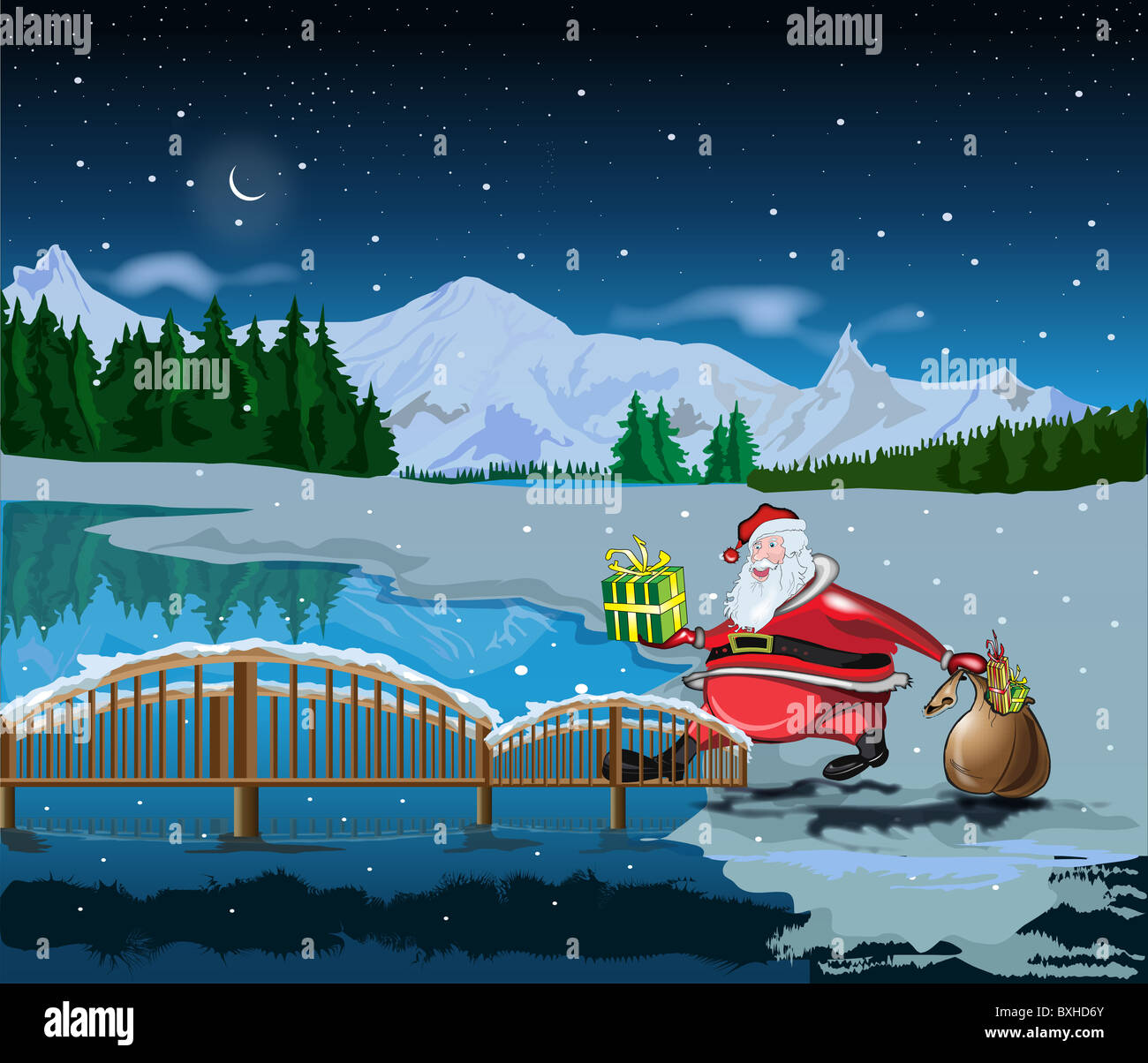 Santa Claus walking on bridge with gifts Stock Photo - Alamy