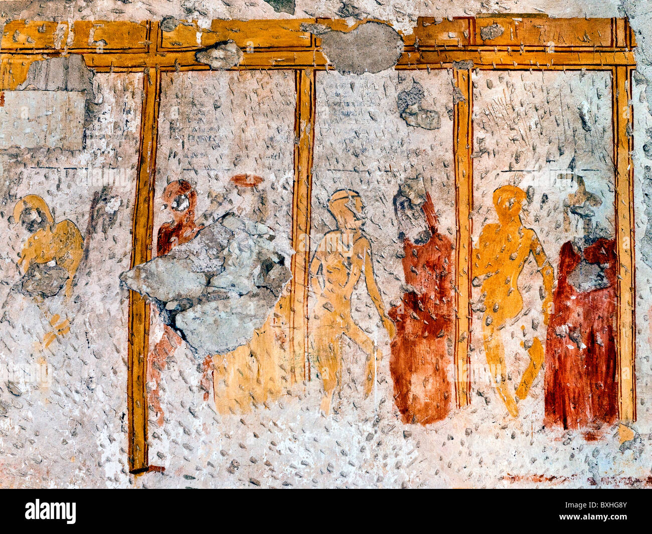 Partly repainted 15th century mural in French chapel Stock Photo - Alamy