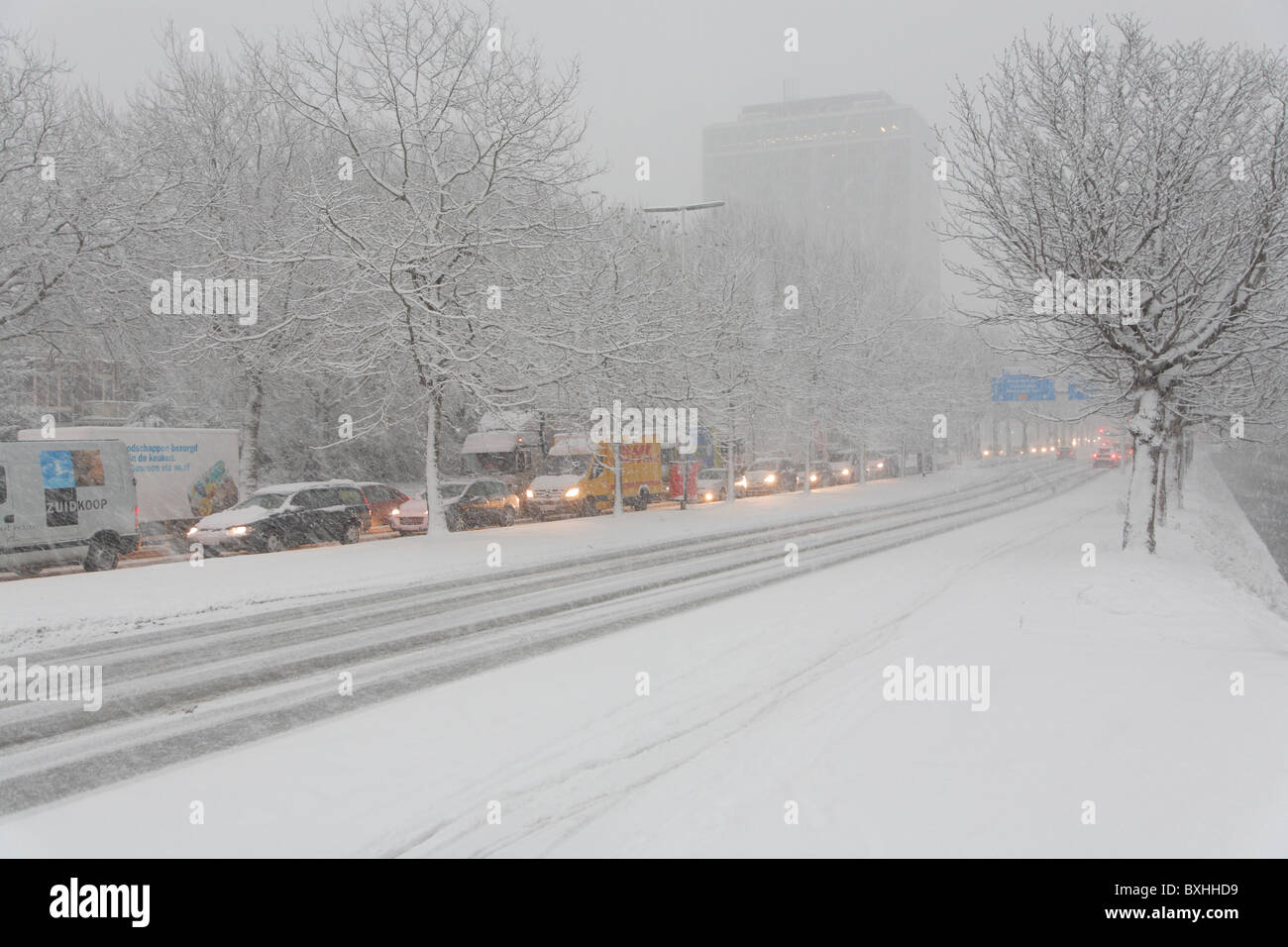 Winter traffic in snow storm, The Hague, Netherlands, Holland, Europe ...