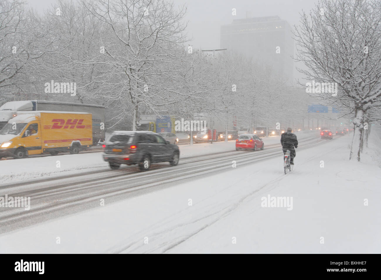 Winter traffic in snow storm, The Hague, Netherlands, Holland, Europe ...