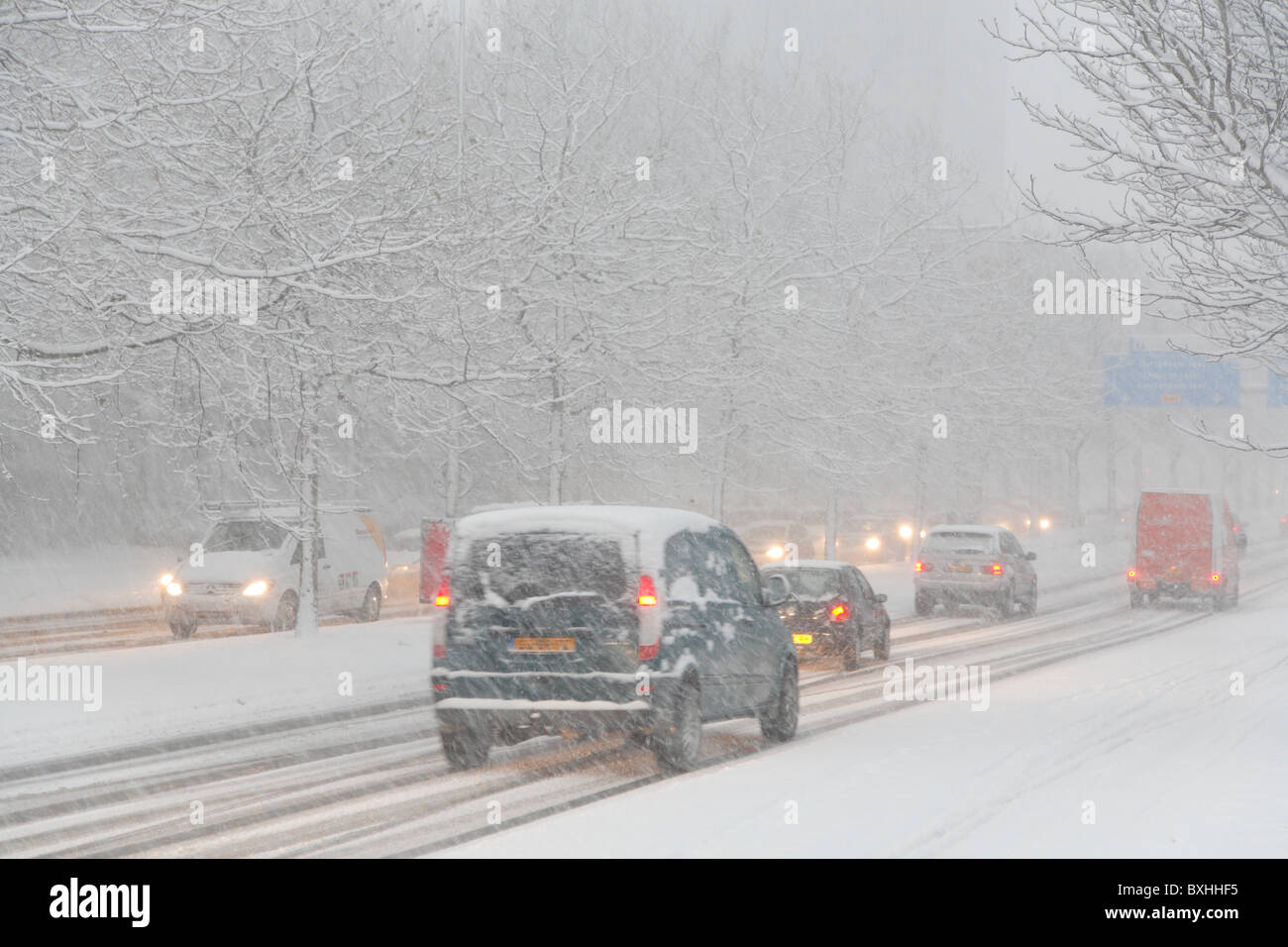 Winter traffic in snow storm, The Hague, Netherlands, Holland, Europe ...