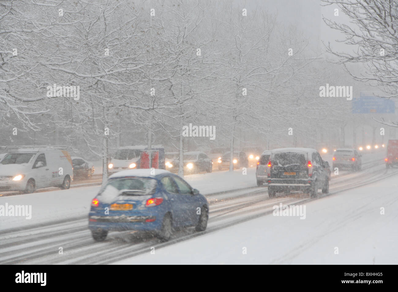 Winter traffic in snow storm, The Hague, Netherlands, Holland, Europe ...