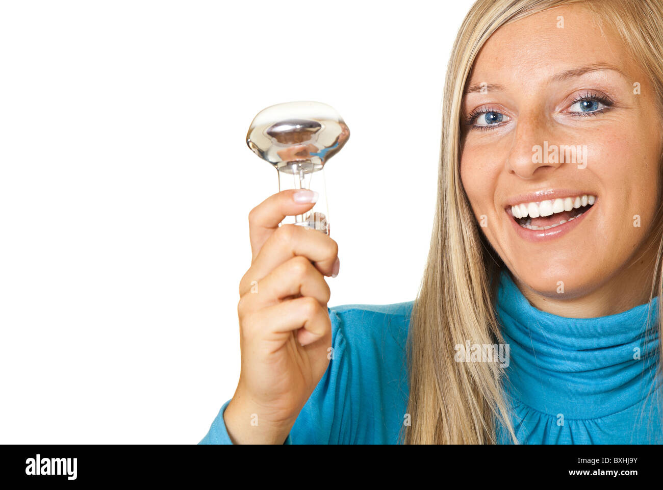 Woman with lightbulb on white background Stock Photo - Alamy