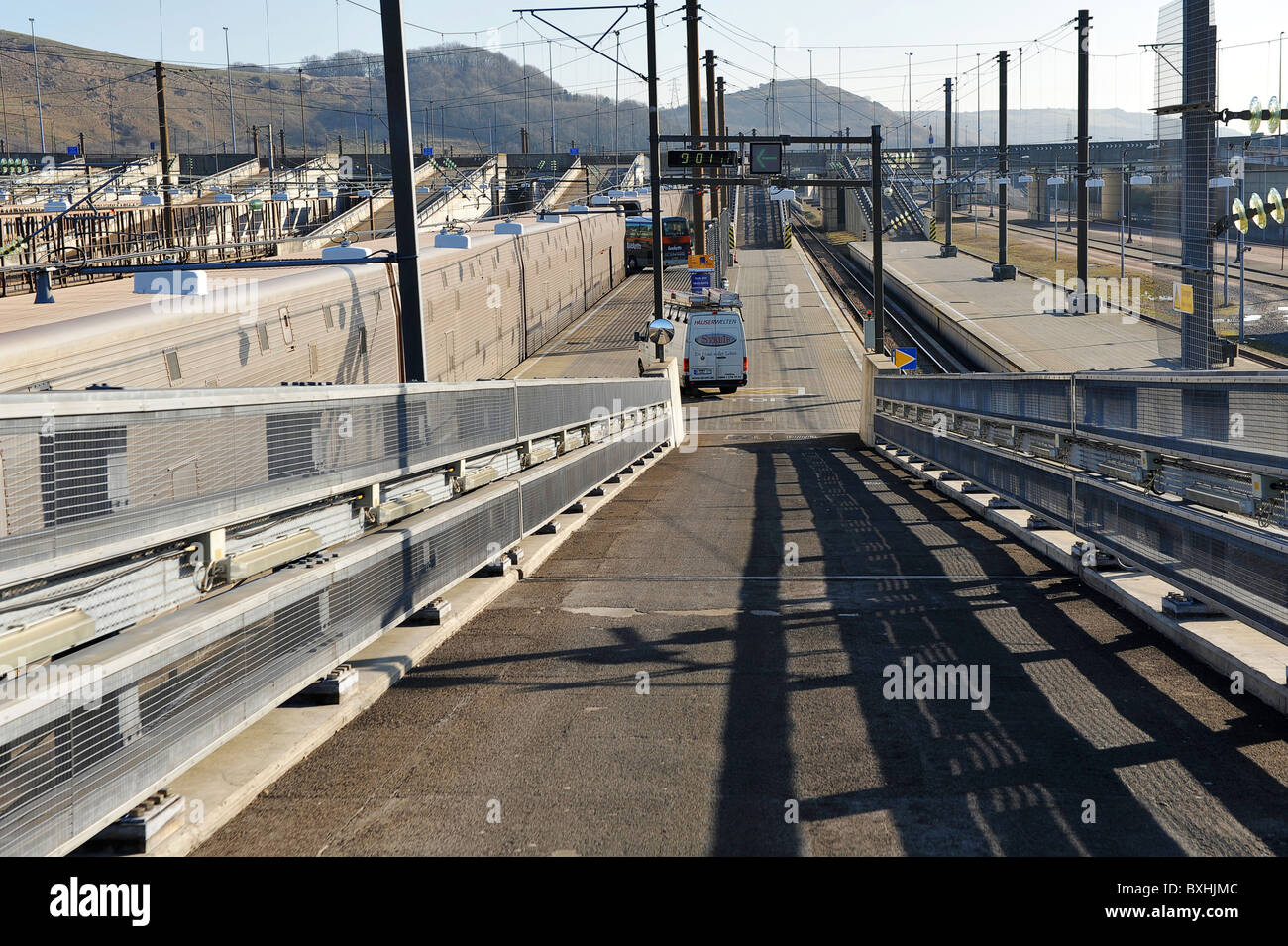 Channel Tunnel, Folkestone, Kent, UK. Slope leading towards the train ...