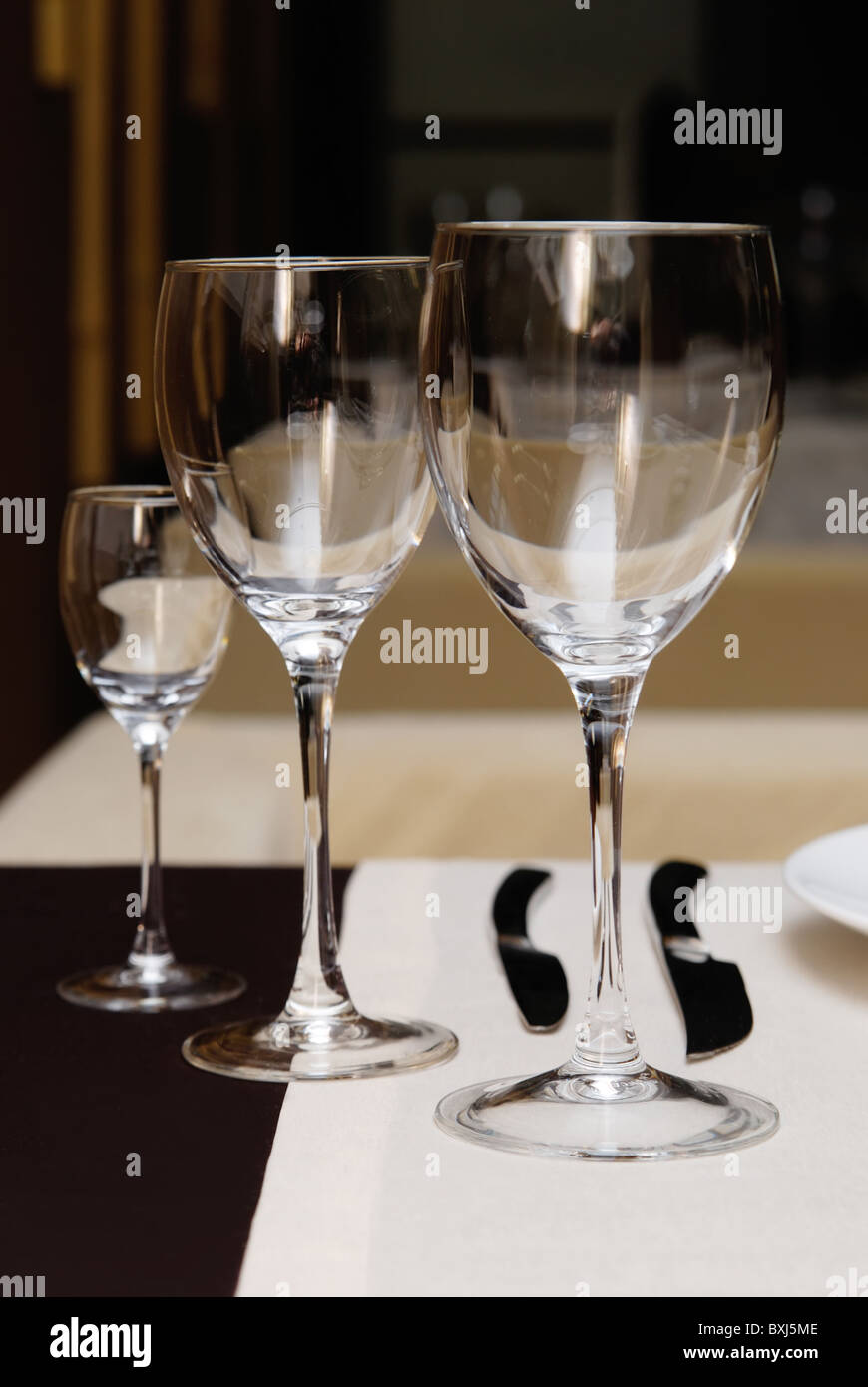 three different glasses of restaurant table appointments Stock Photo ...