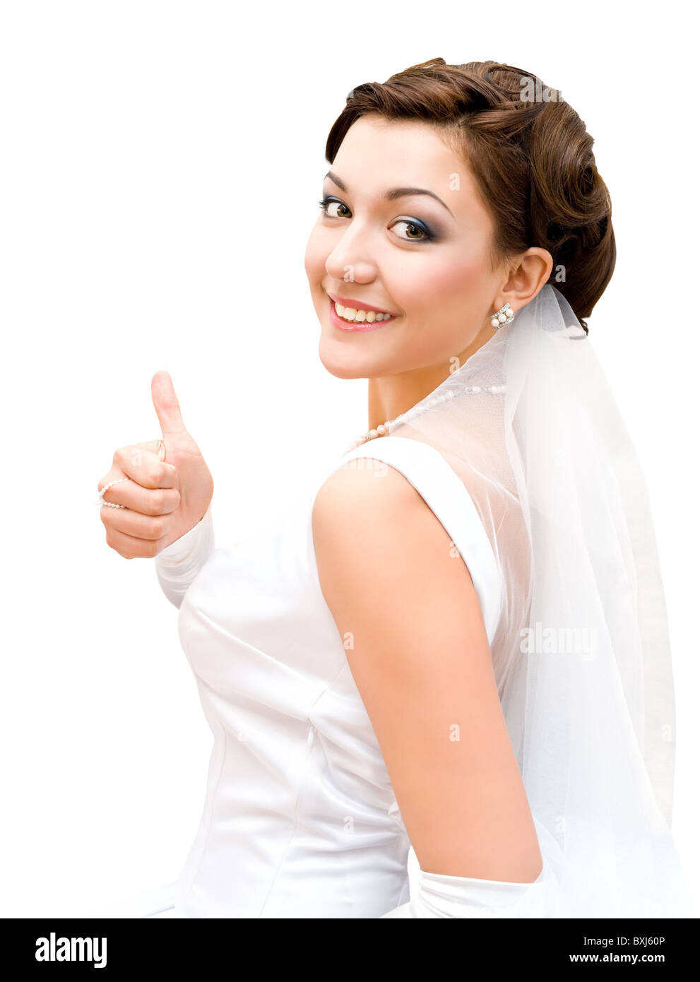 young charming bride looks into camera, isolated Stock Photo - Alamy