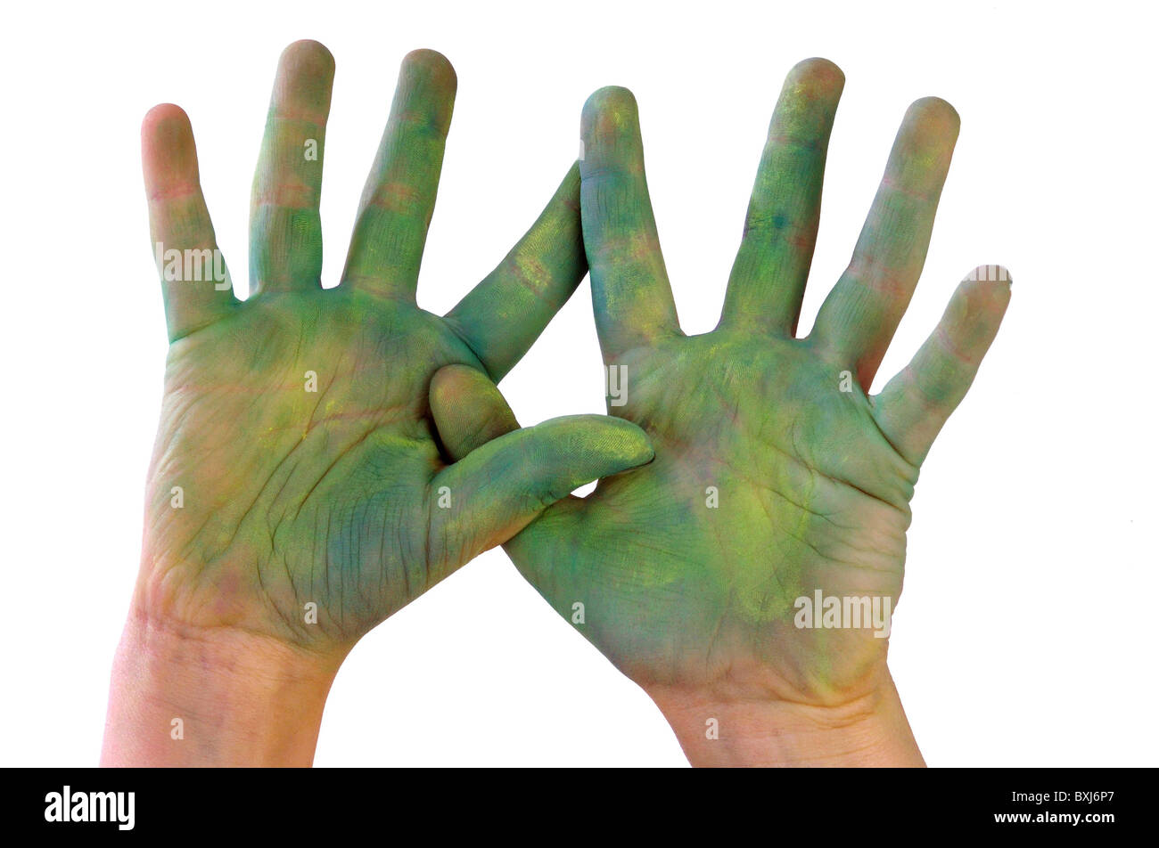 people, children, two hands, painted with green chalk, dirty, hand ...