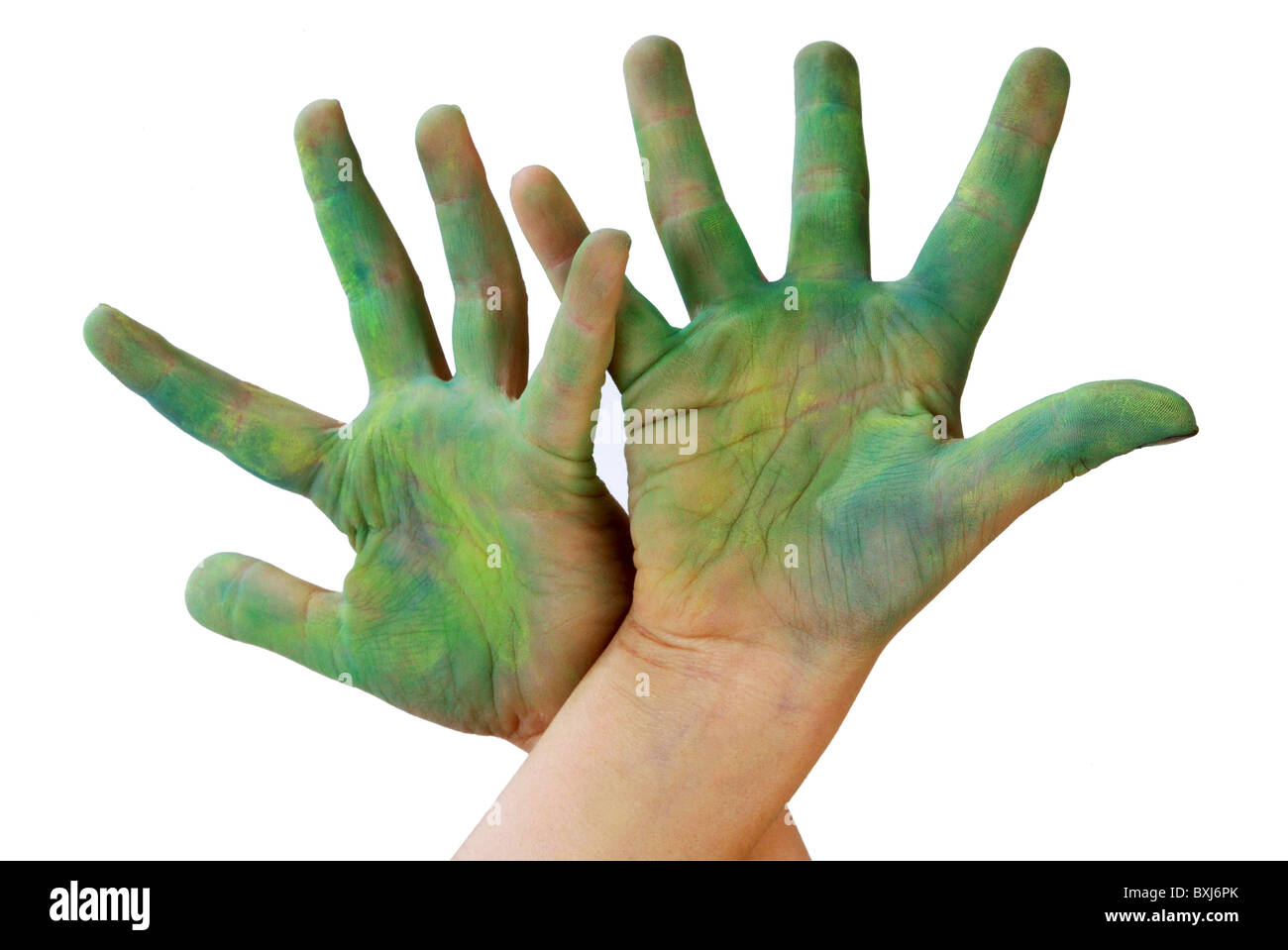 people, children, two hands, painted with green chalk, dirty, hand ...