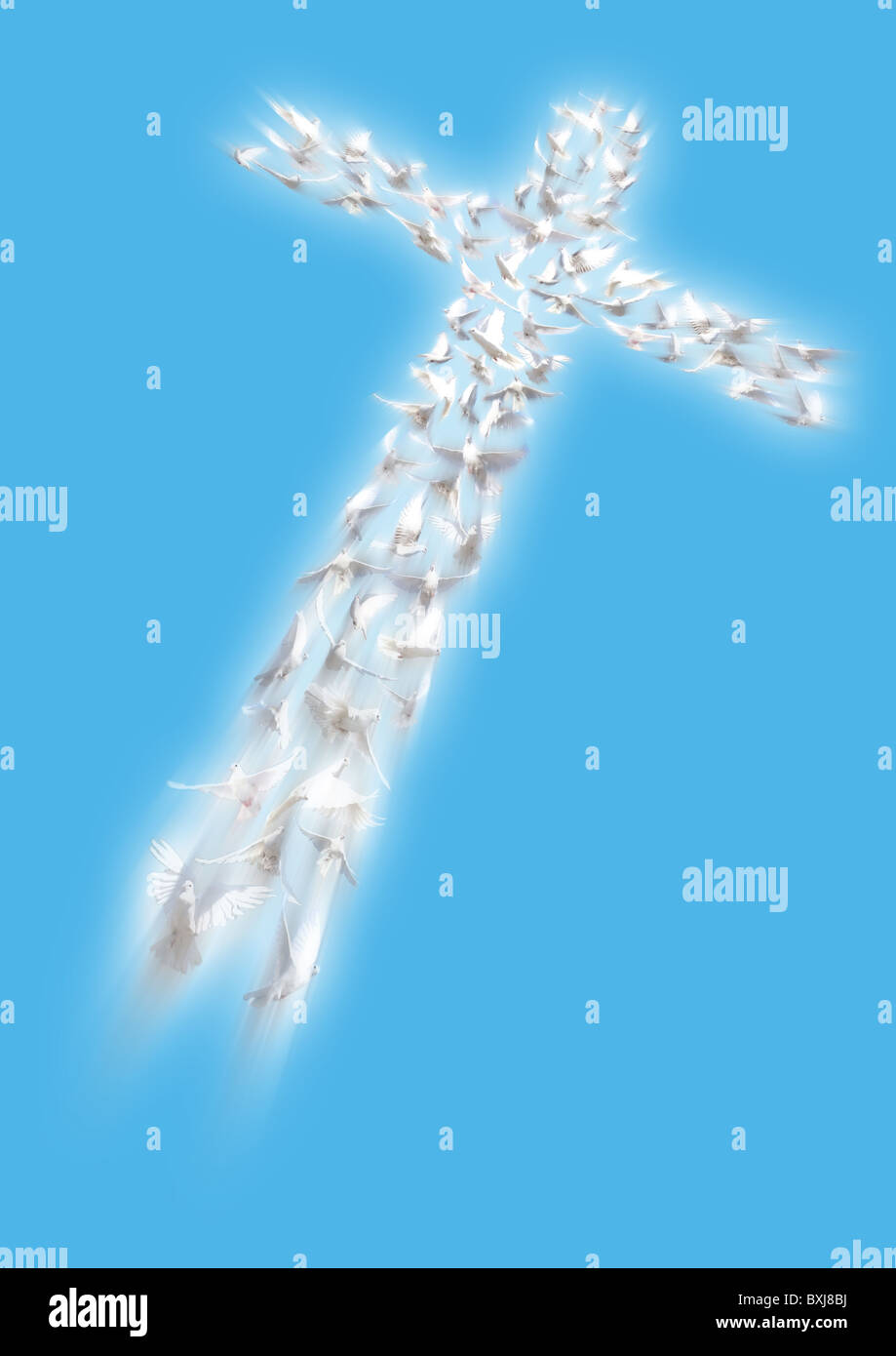 cross of white doves flying in perspective - collage; dove is the ...