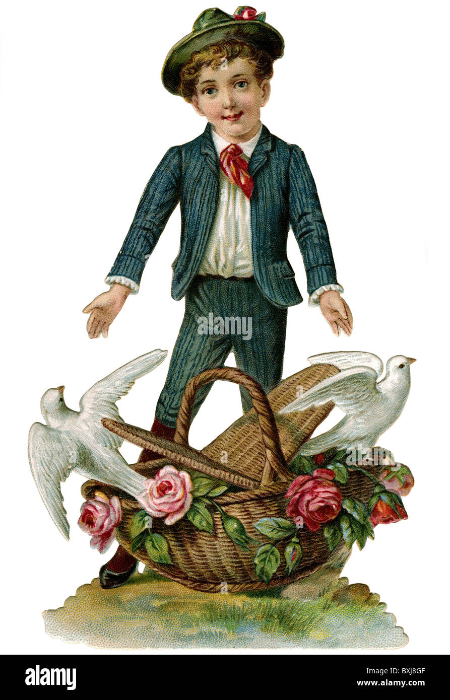 kitsch / souvenir, boy with white doves in basket, picture postcard ...