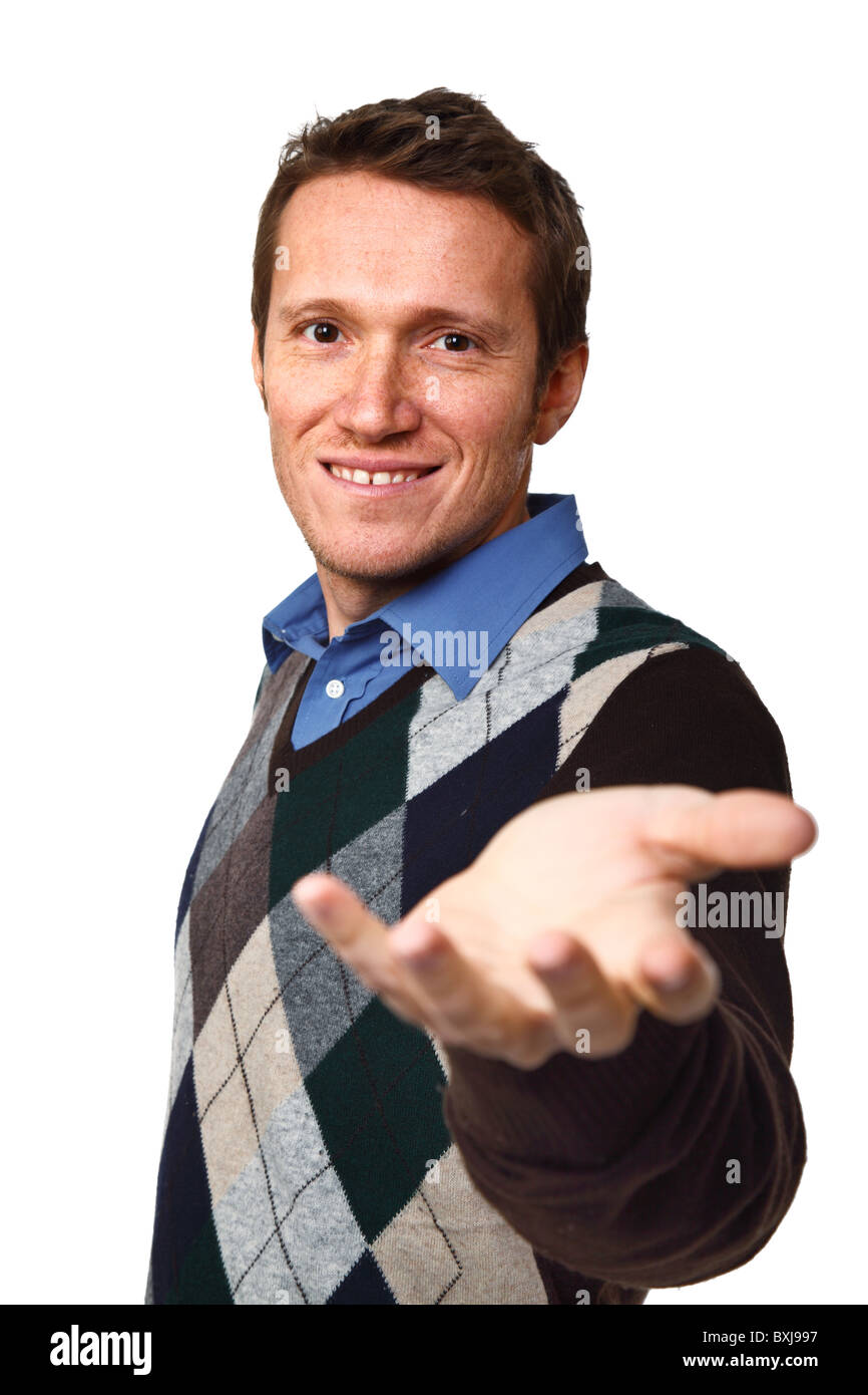 isolated portrait of young man offer hand Stock Photo - Alamy