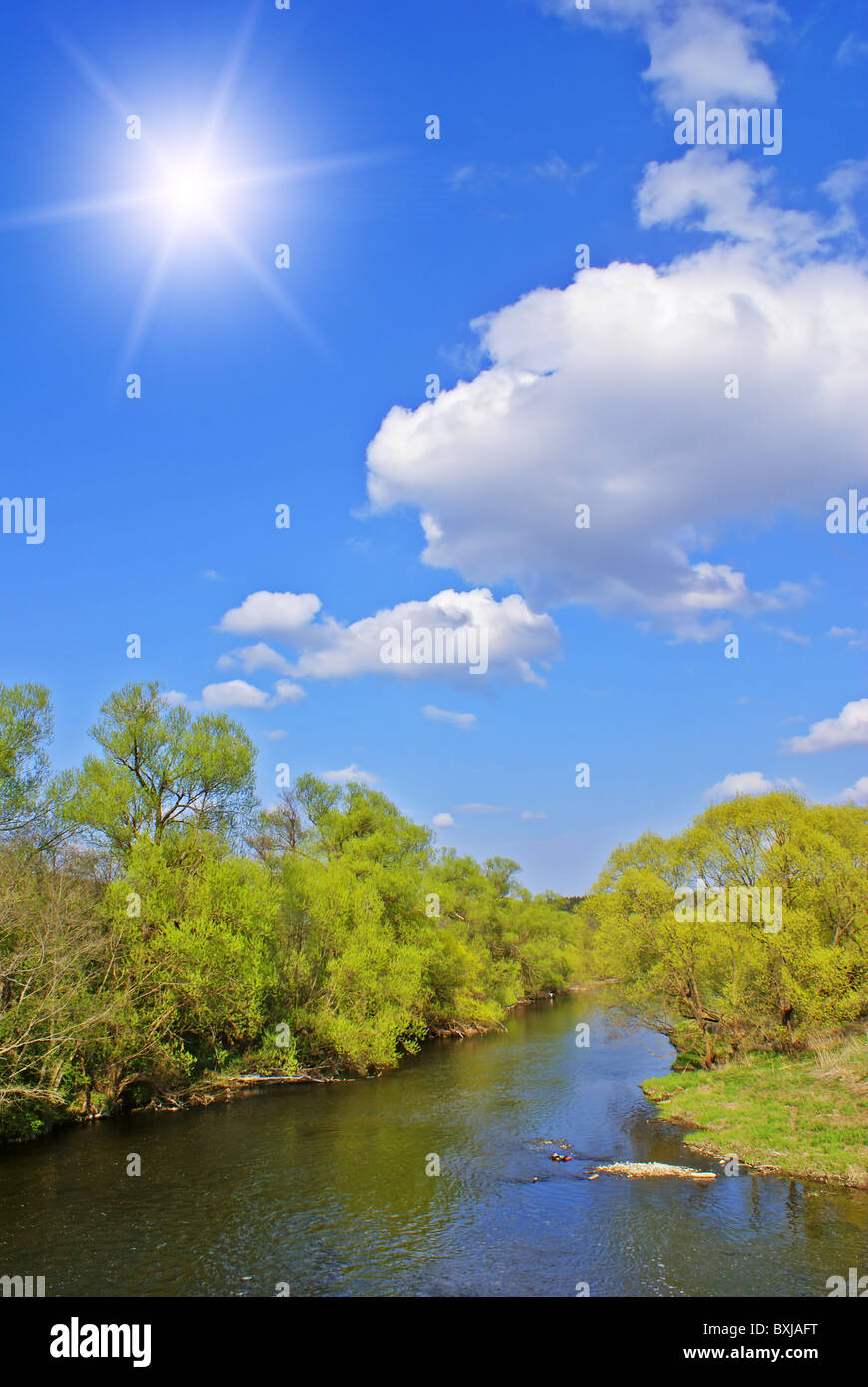 Spring sunny landscape with blue sky Stock Photo - Alamy