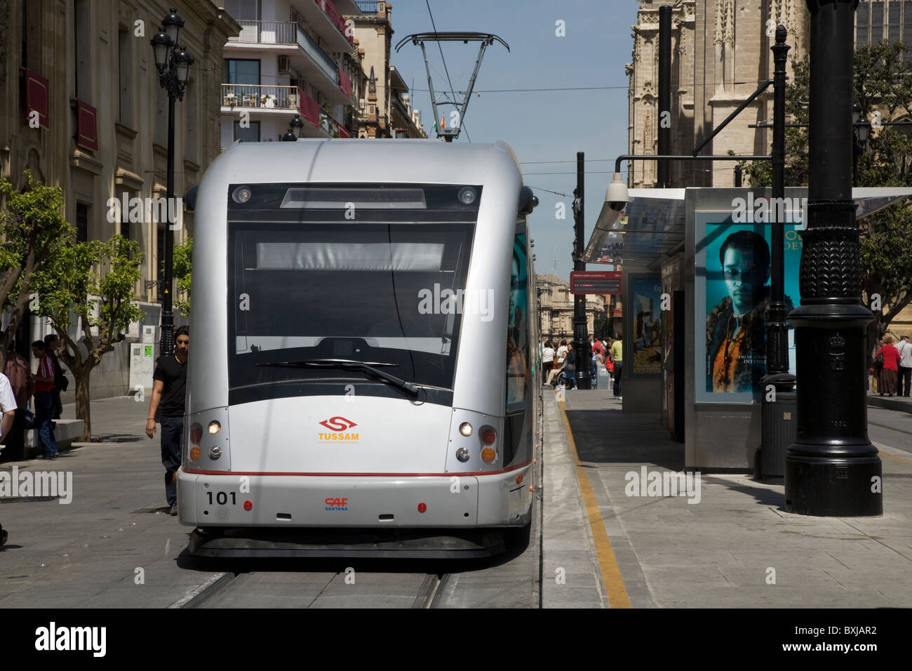 Modern street / road tram / trams in Seville / Sevilla Andalucia. Spain ...