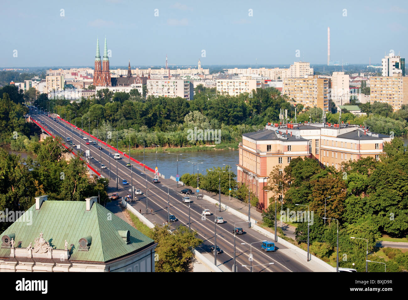 Cityscape of Warsaw, Poland, Slasko-Dabrowski bridge. On first plan ...
