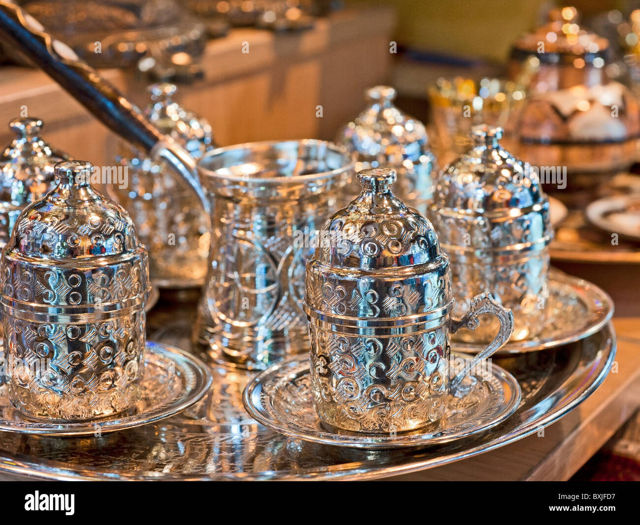 Ornate turkish tea set at a shop in the souk Stock Photo - Alamy