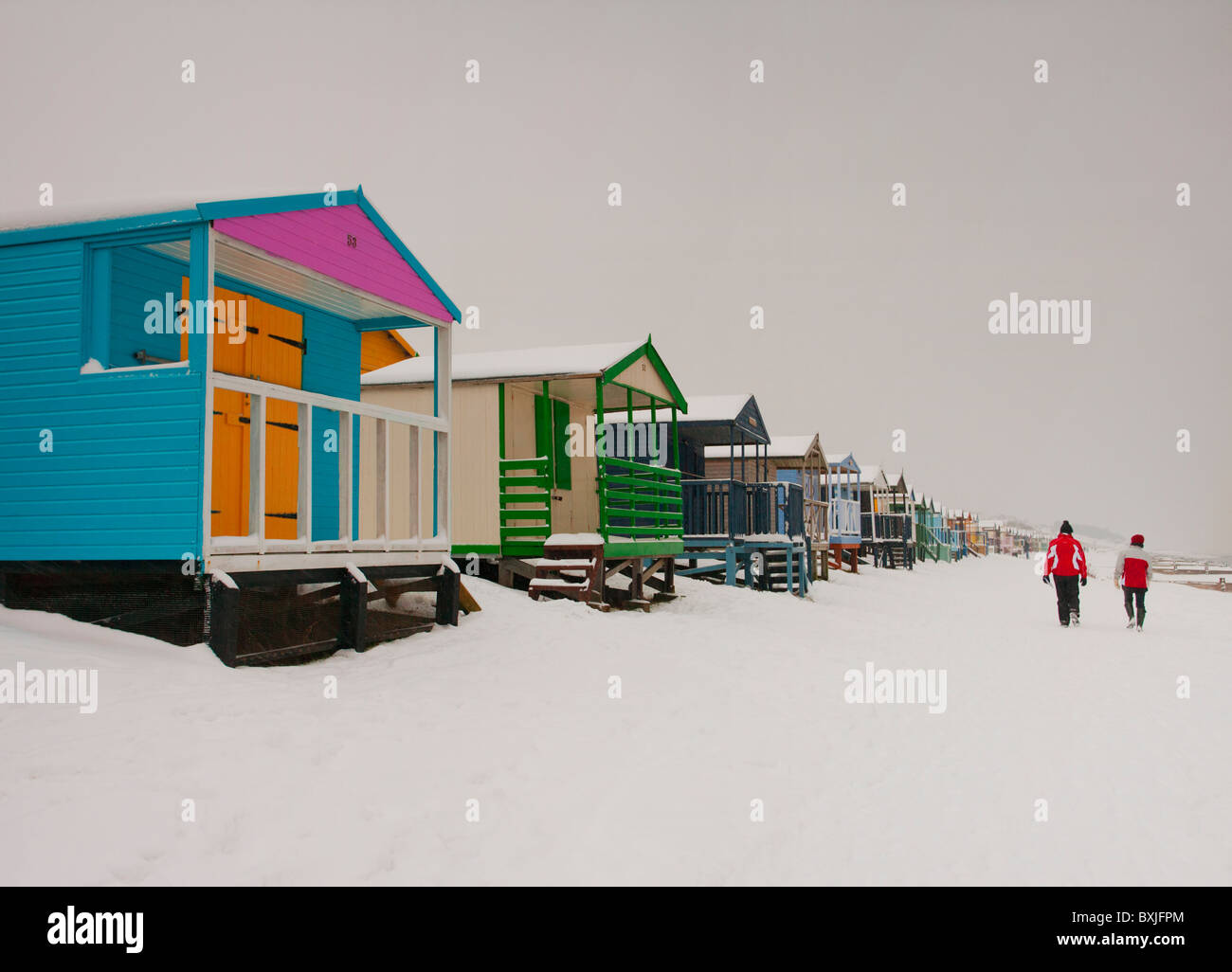 Beach Huts in snow at Tankerton beach near Whitstable in Kent, United ...