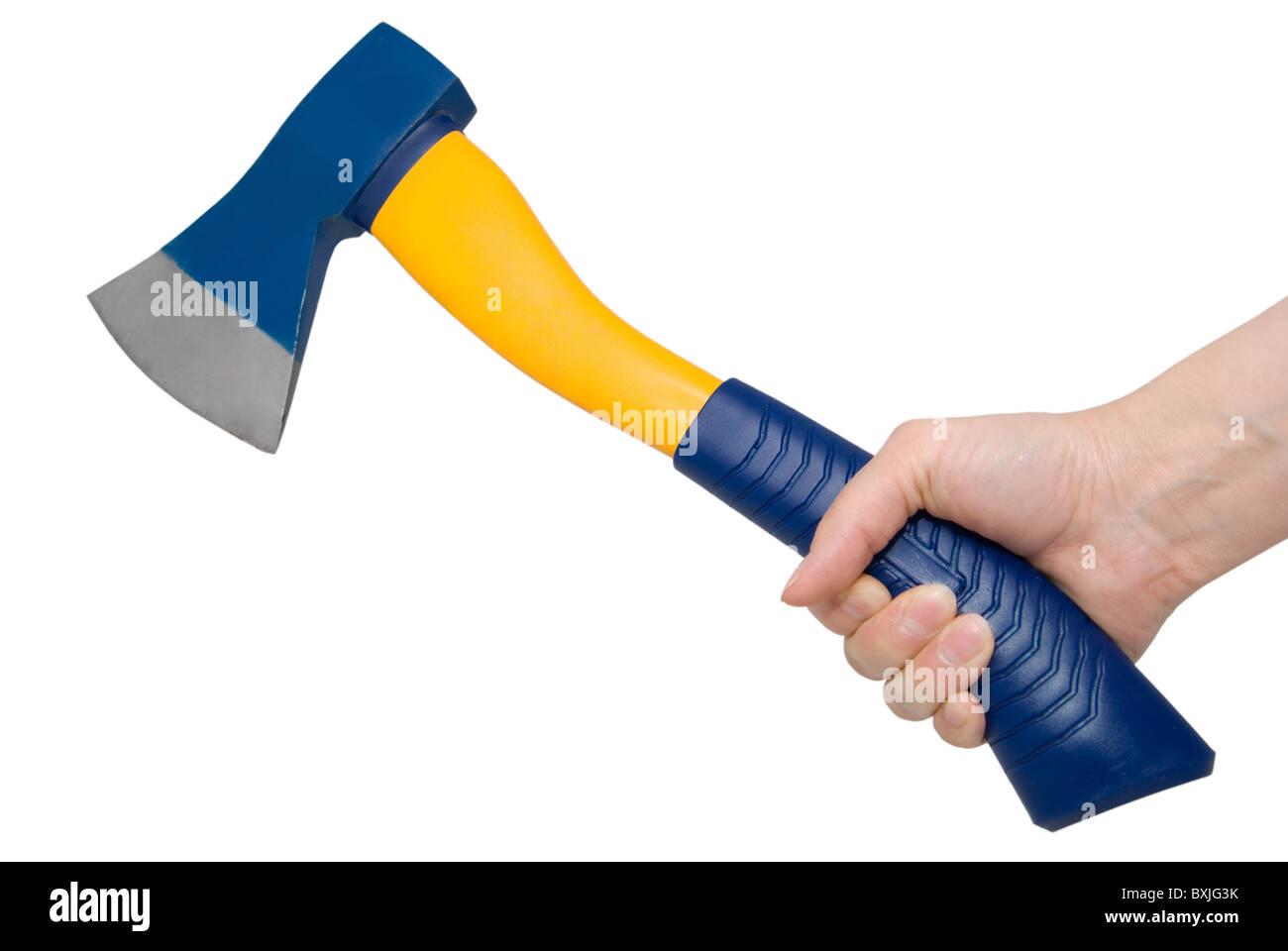 blue and yellow axe in hand against white background Stock Photo - Alamy