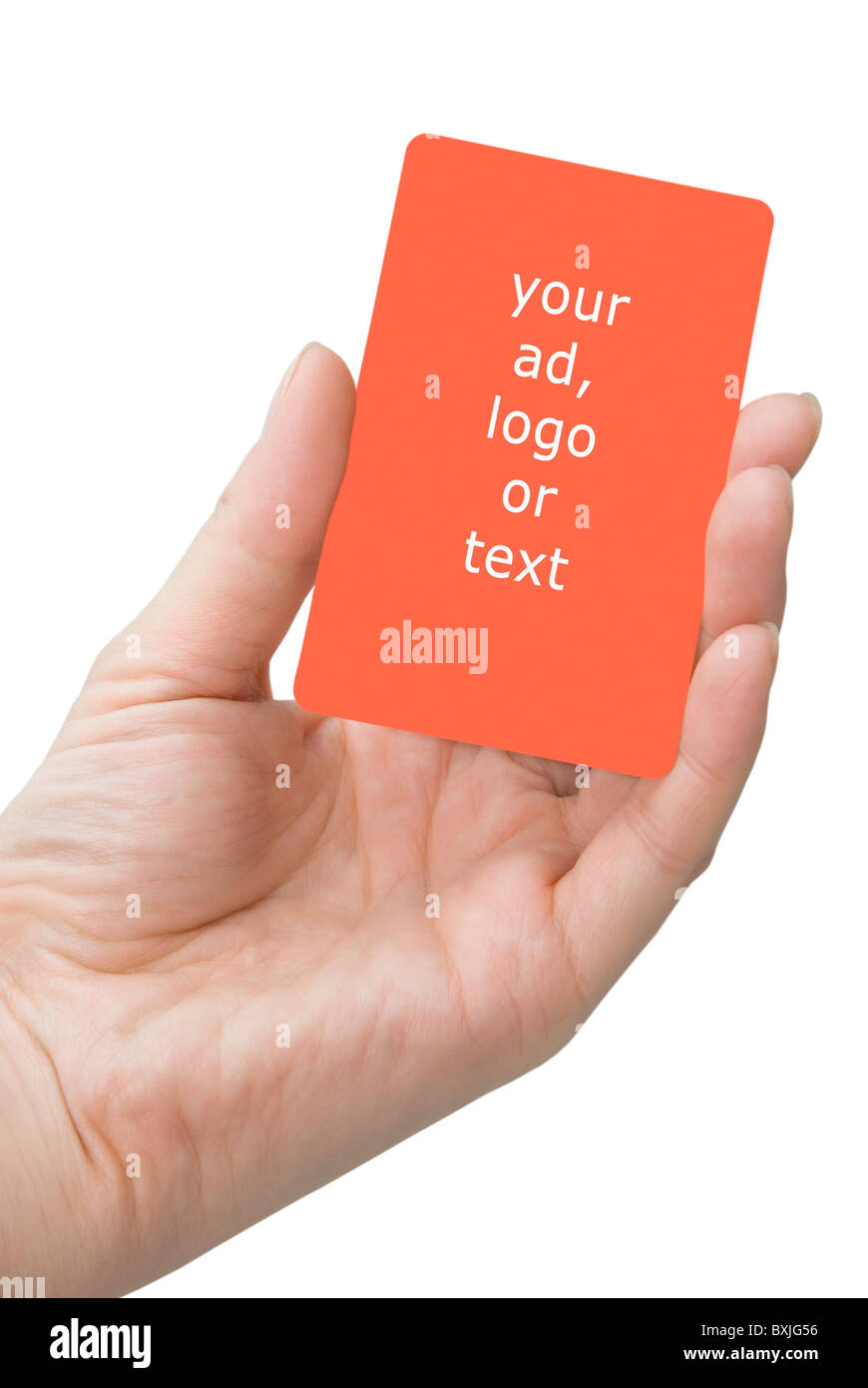 hand holding blank red card which is copy space, isolated on white ...