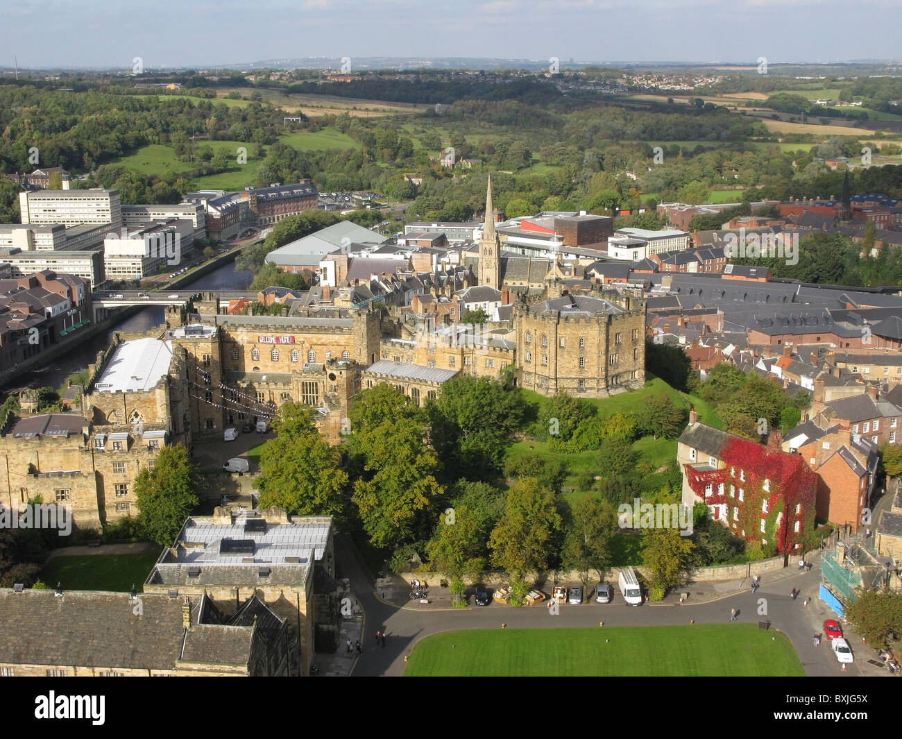 Aerial view north from main tower of Durham Cathedral over Durham ...