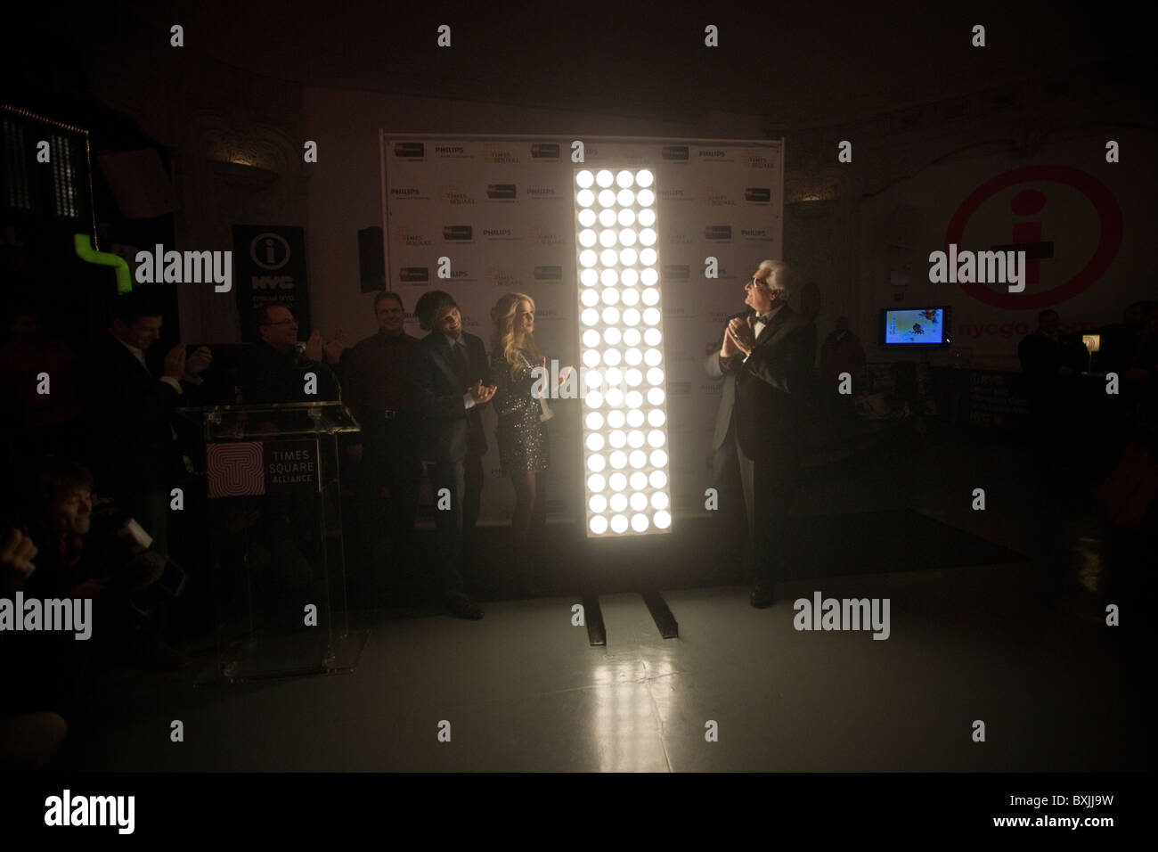 The seven-foot-tall numeral "1" to complete the 2-0-1 sign is lit in ...