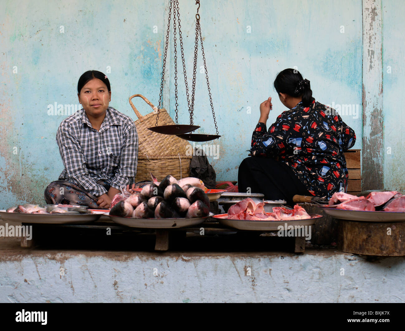 Women selling fish in Bagan market, Burma, Myanmar Stock Photo - Alamy