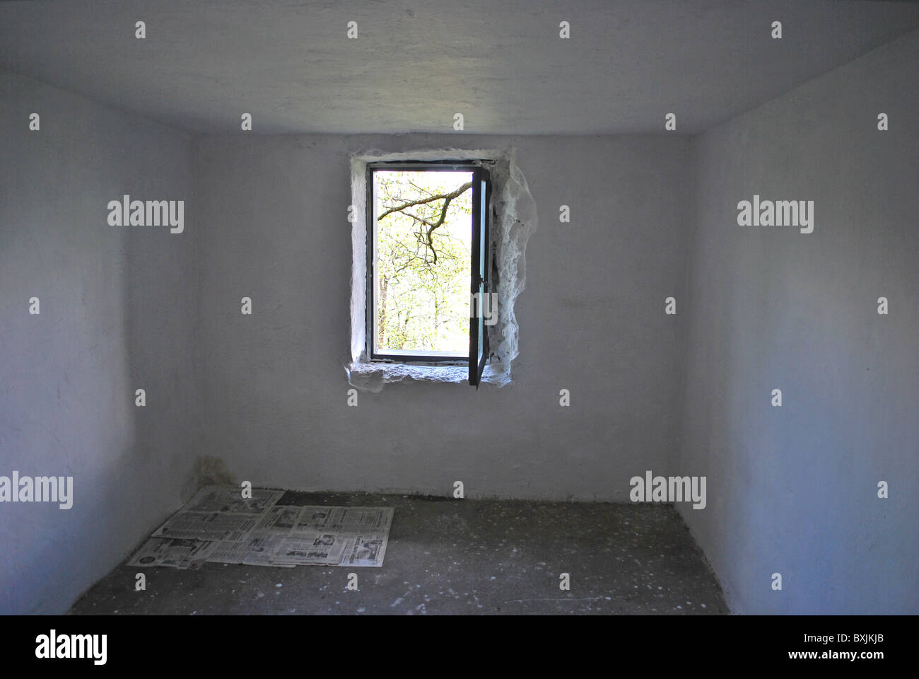 restored and whitewashed room cabin with a window overlooking the woods ...