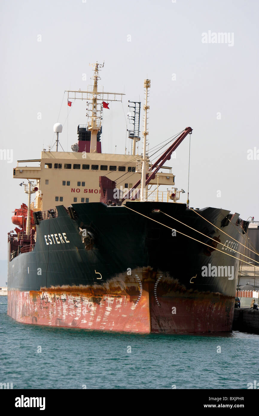 Oil tanker alongside oil jetty and tanks.Gibraltar Stock Photo - Alamy