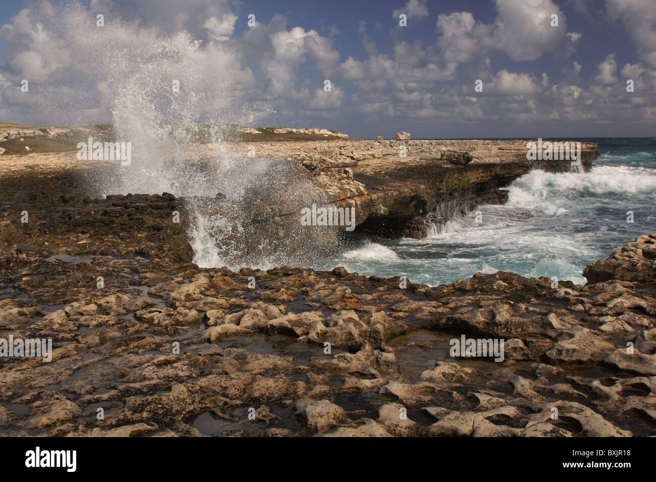 Rough Sea Hits the Devil's Bridge Arch with Wave Spray, Antigua ...