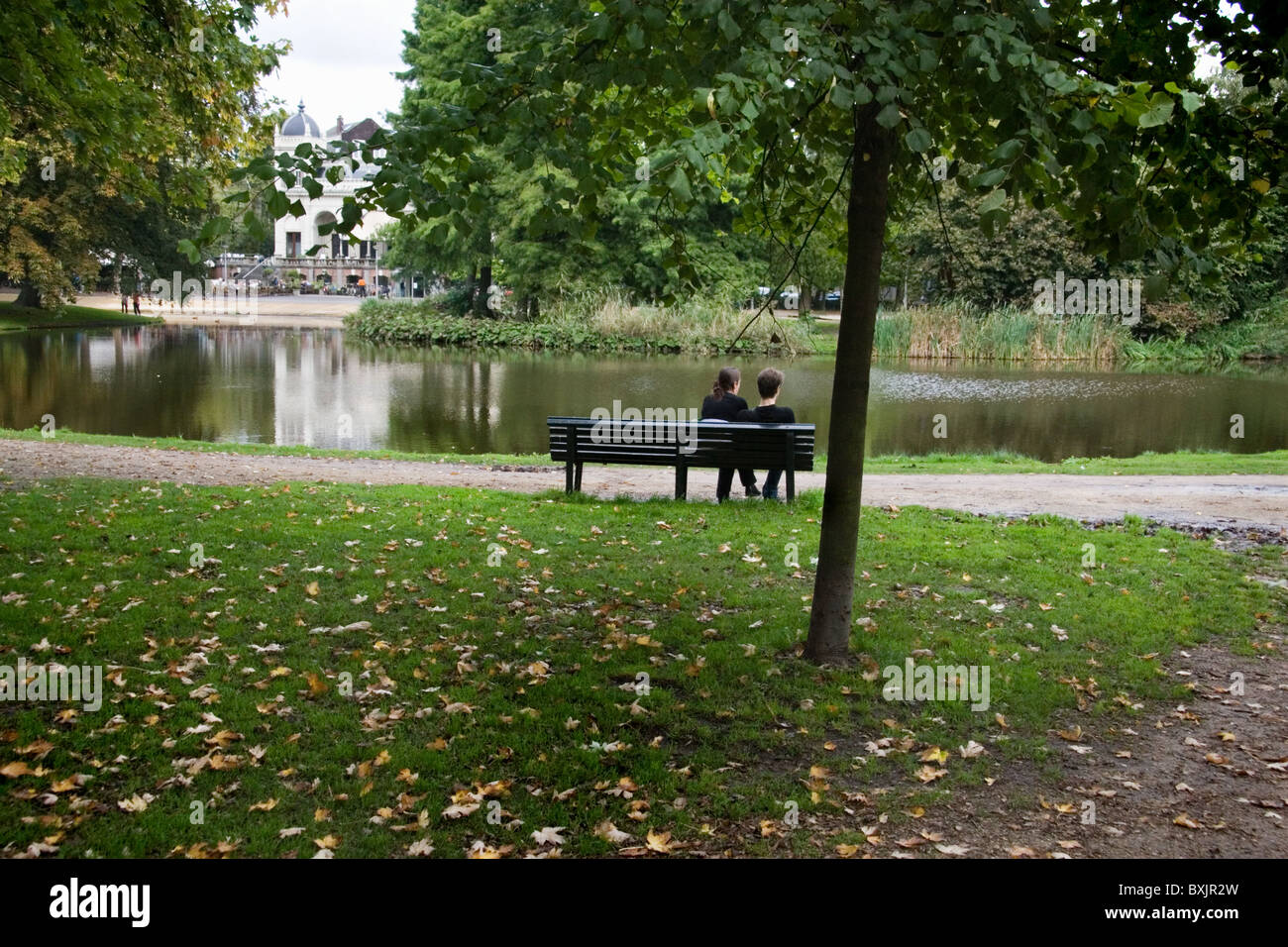 Netherlands amsterdam vondelpark bench trees pond hi-res stock ...