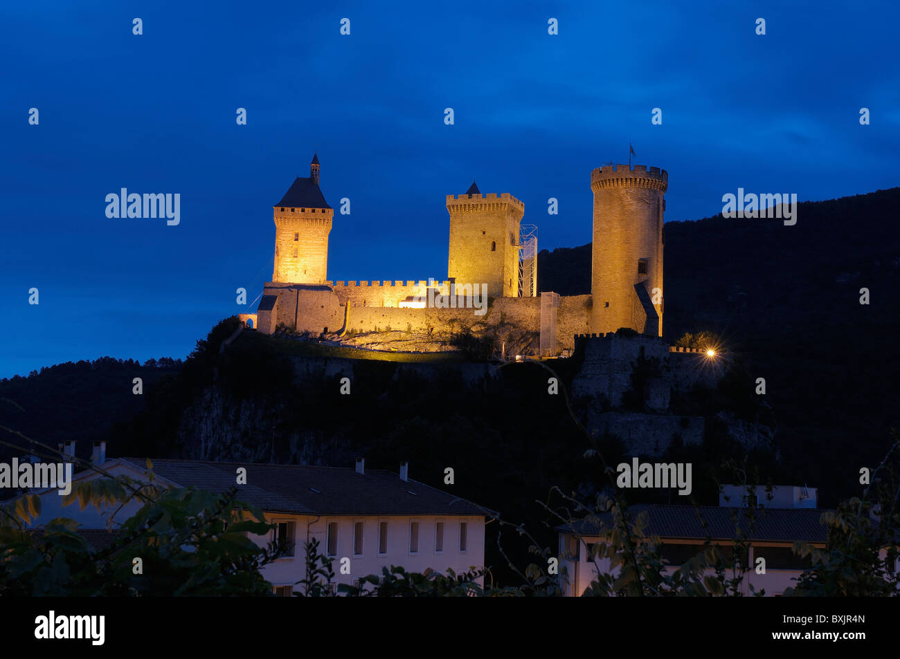 Castle of Foix (Chateau de Foix) at Dusk. Cathar country. Ariege, Midi ...